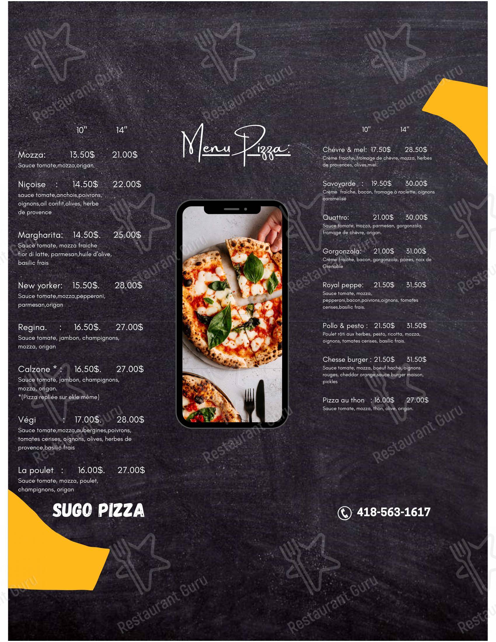 Menu au SUGO Pizza & Trattoria restaurant, Québec