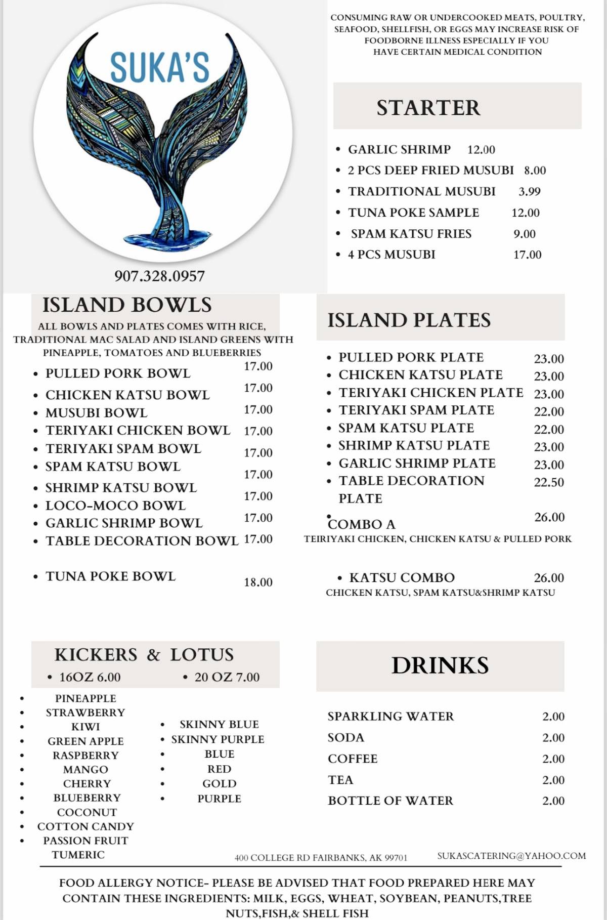 Menu at SUKA'S Polynesian Cuisine restaurant, Fairbanks