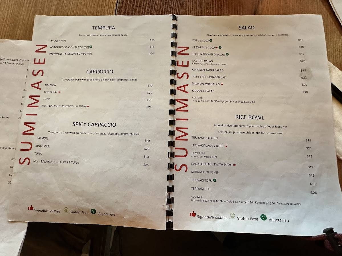 Menu at SUMIMASEN restaurant, Ramsgate