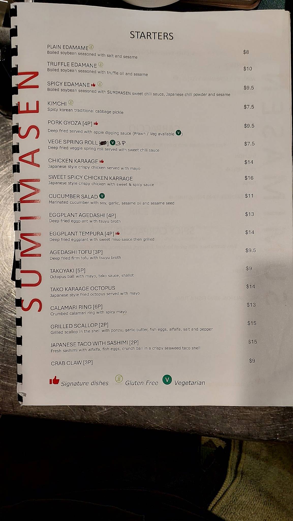 Menu at SUMIMASEN restaurant, Ramsgate