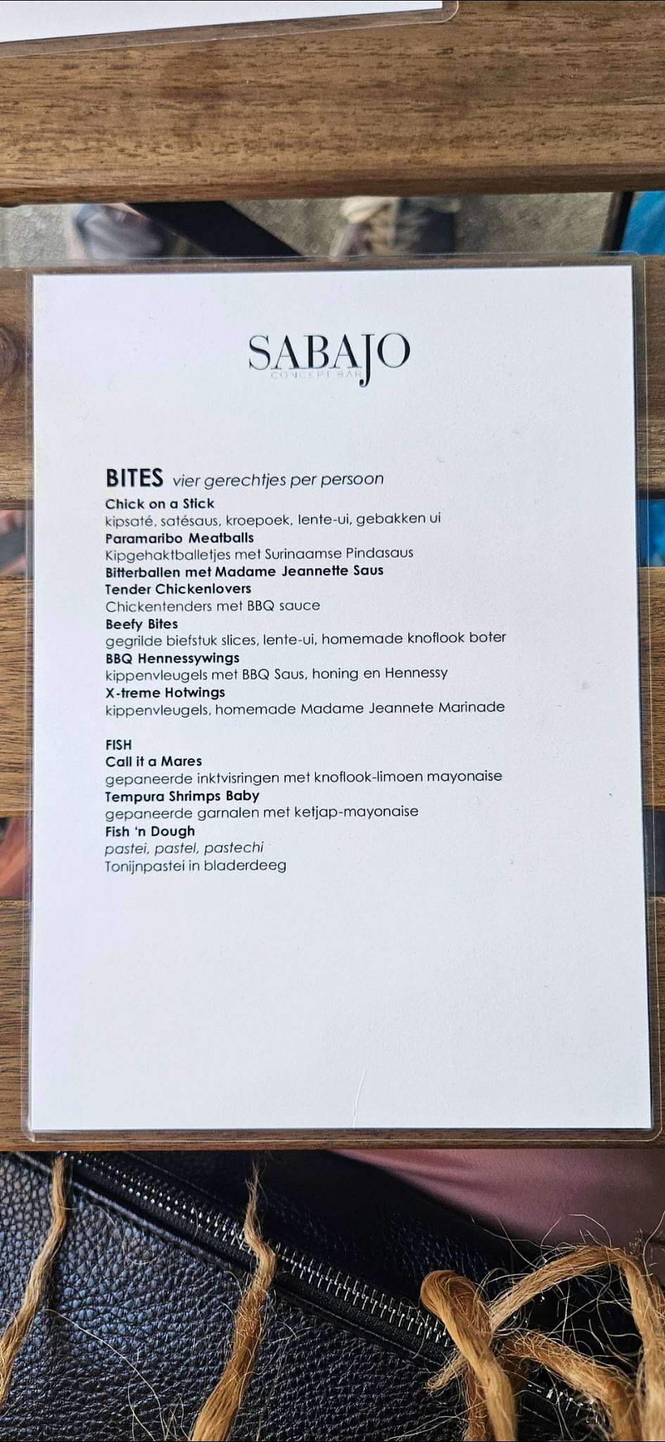 Menu at Sabajo Concept Bar, Rotterdam
