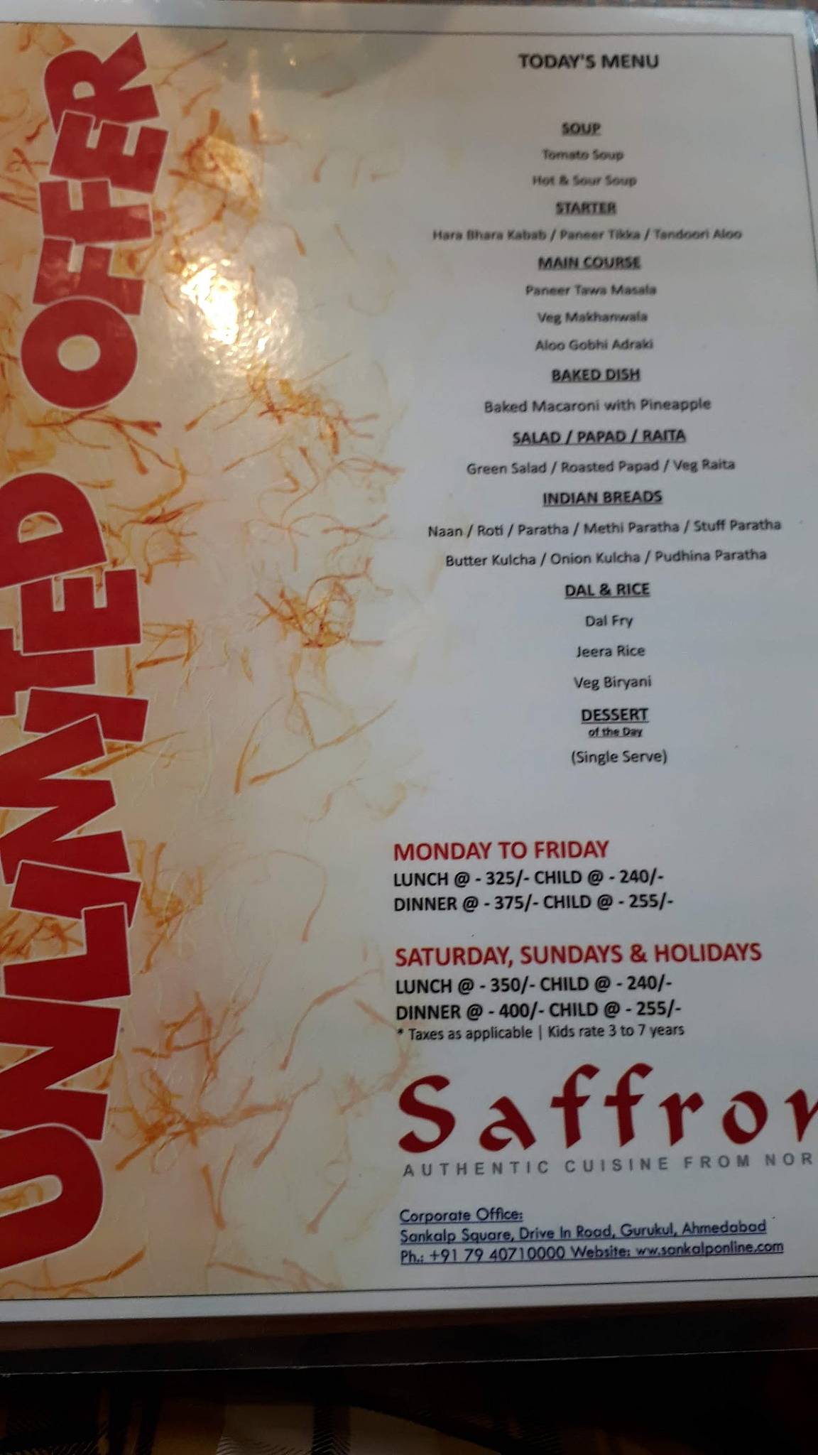 Menu at Saffron Restaurant, Ahmedabad, 1st Floor