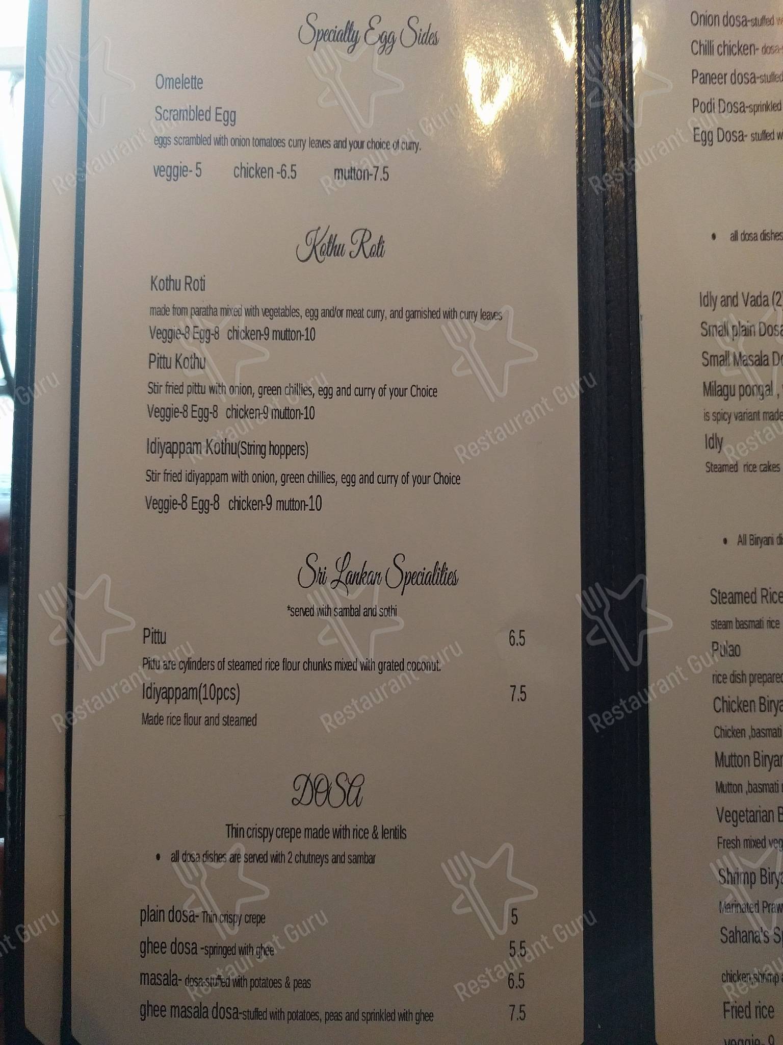 Menu at Sahana's Srilankan and South Indian Fusion restaurant, Calgary