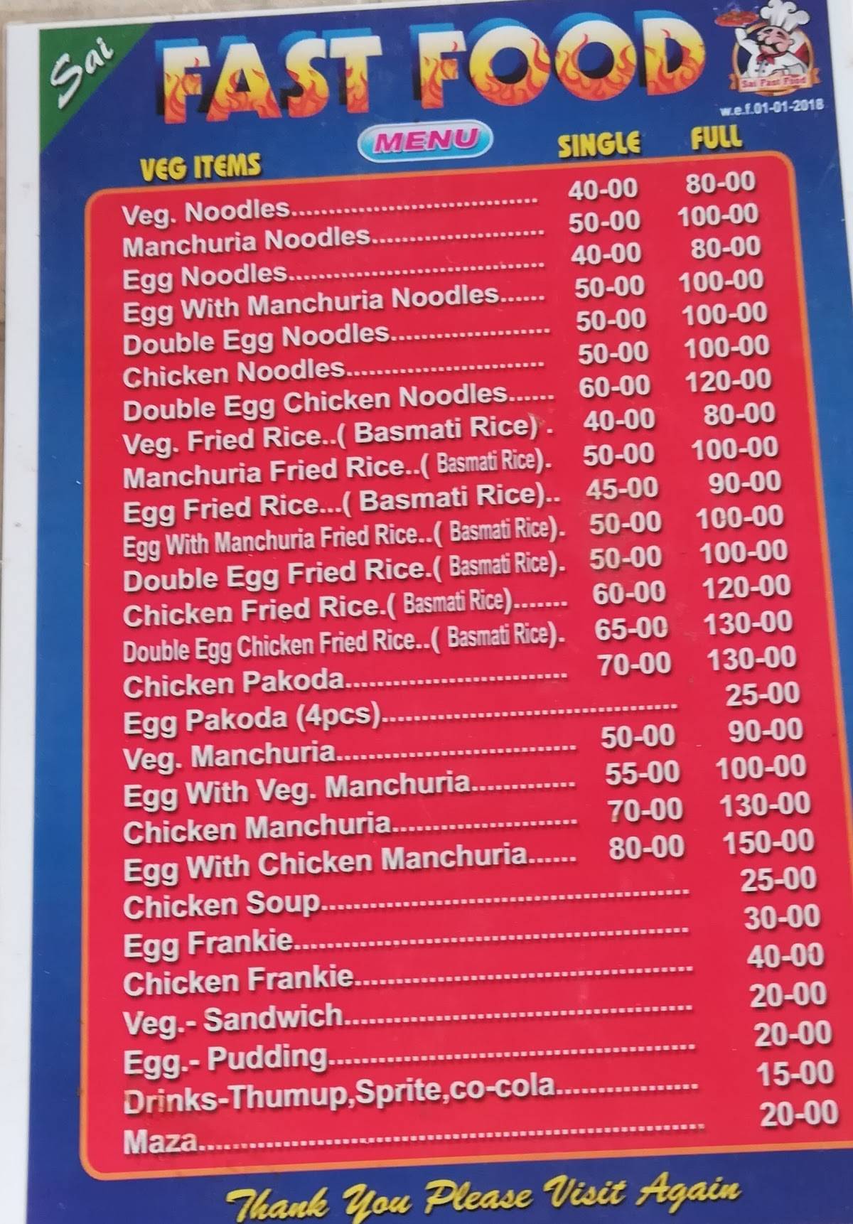 Menu at Sai Fast Food Centre, India, S4/C-741