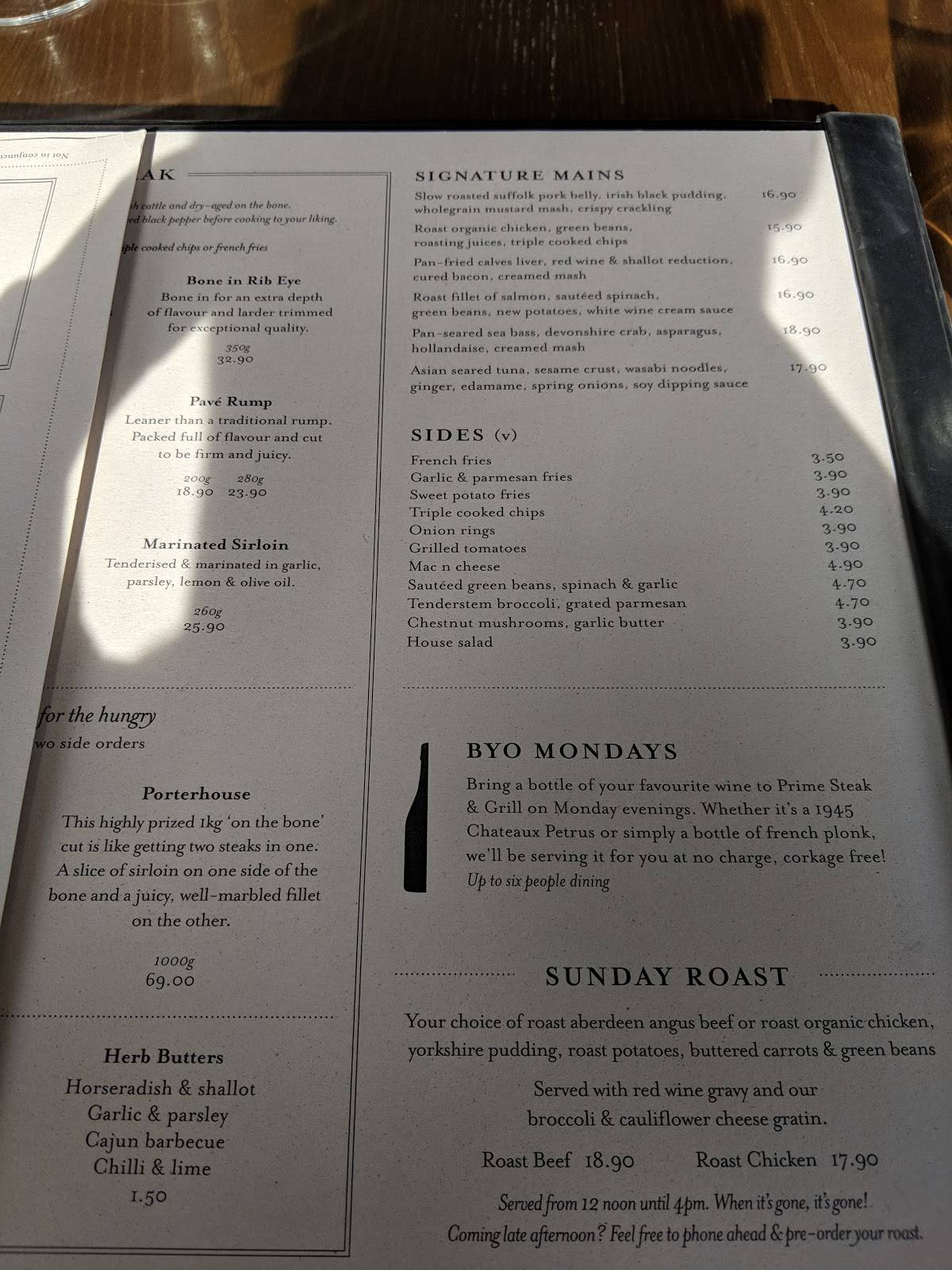 Menu at Prime Steak and Grill steakhouse, St Albans, 83-85 London Rd