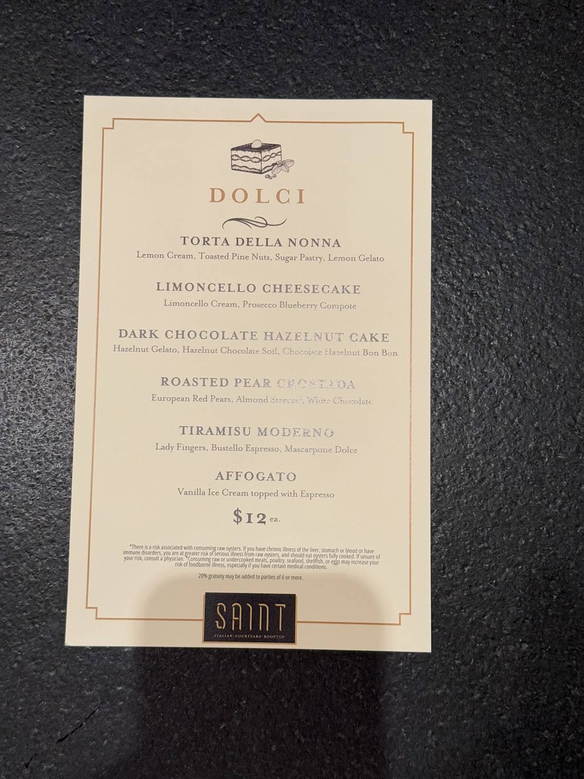 Menu at Saint Italian Restaurant, St. Augustine