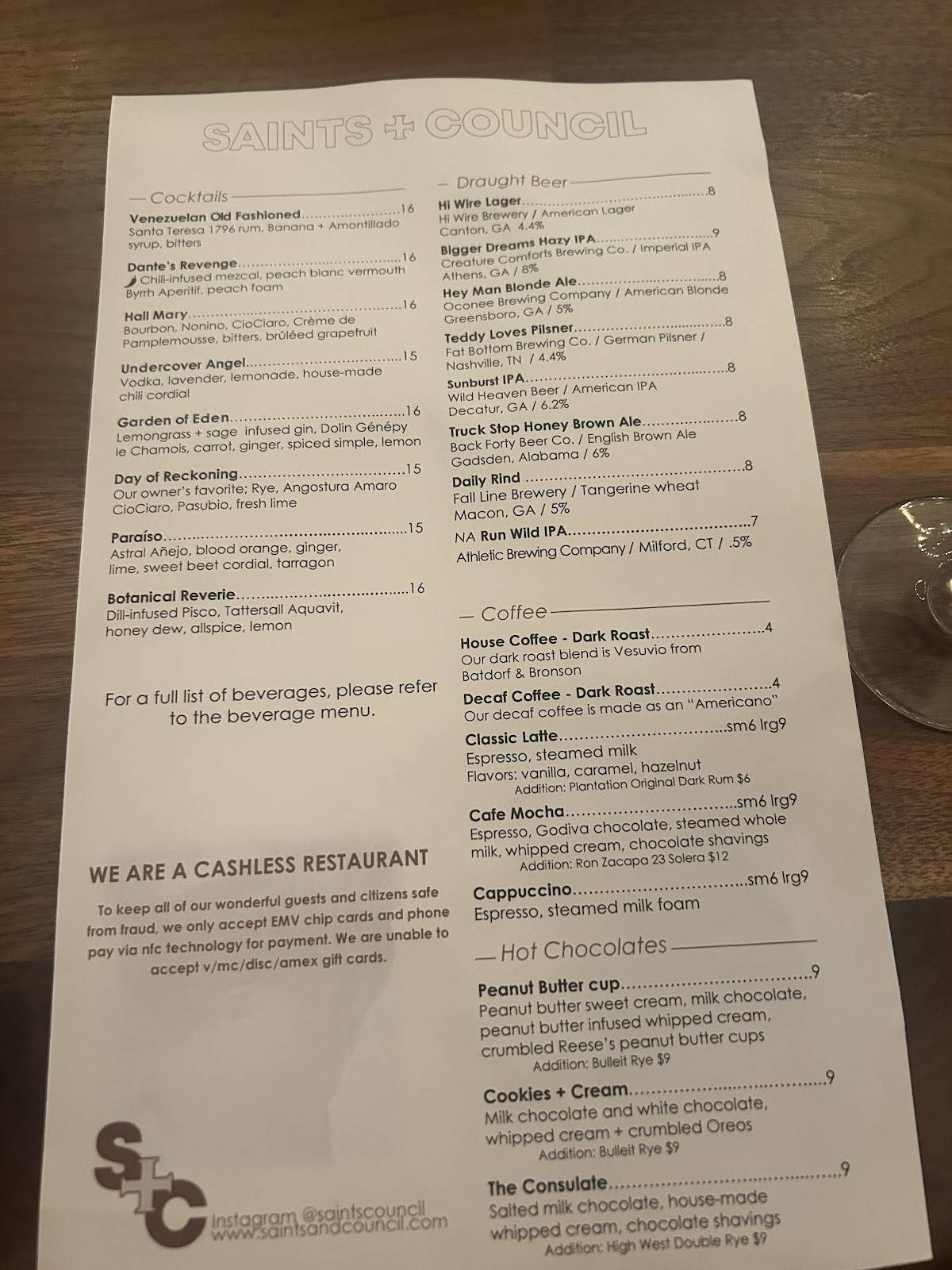 Menu at Saints + Council pub & bar, Atlanta