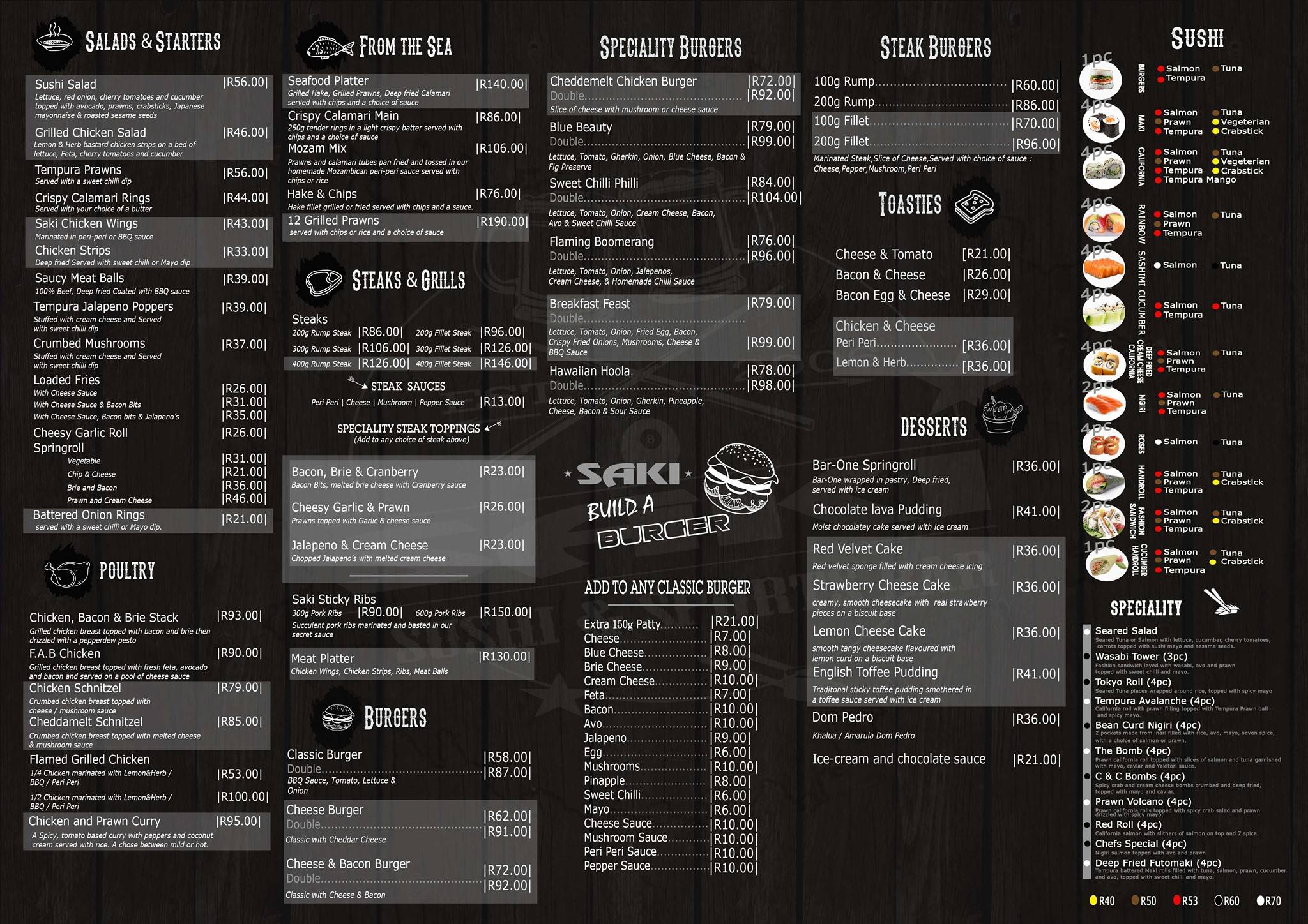 Menu at Saki Sports Bar, Pietermaritzburg
