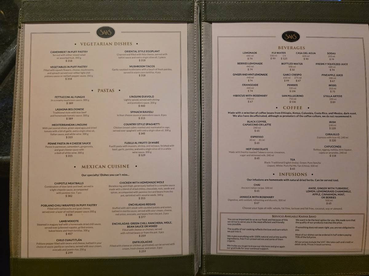 Menu at Saks Polanco restaurant, Ciudad López Mateos, Campos Elíseos 133