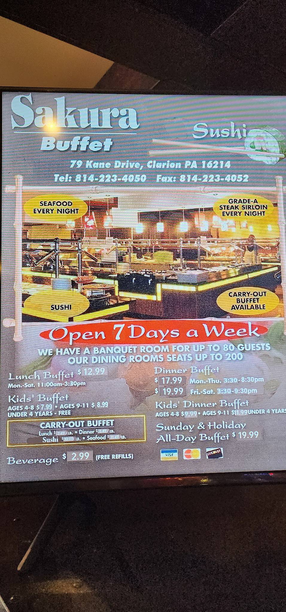 Menu at Sakura Buffet restaurant, Clarion
