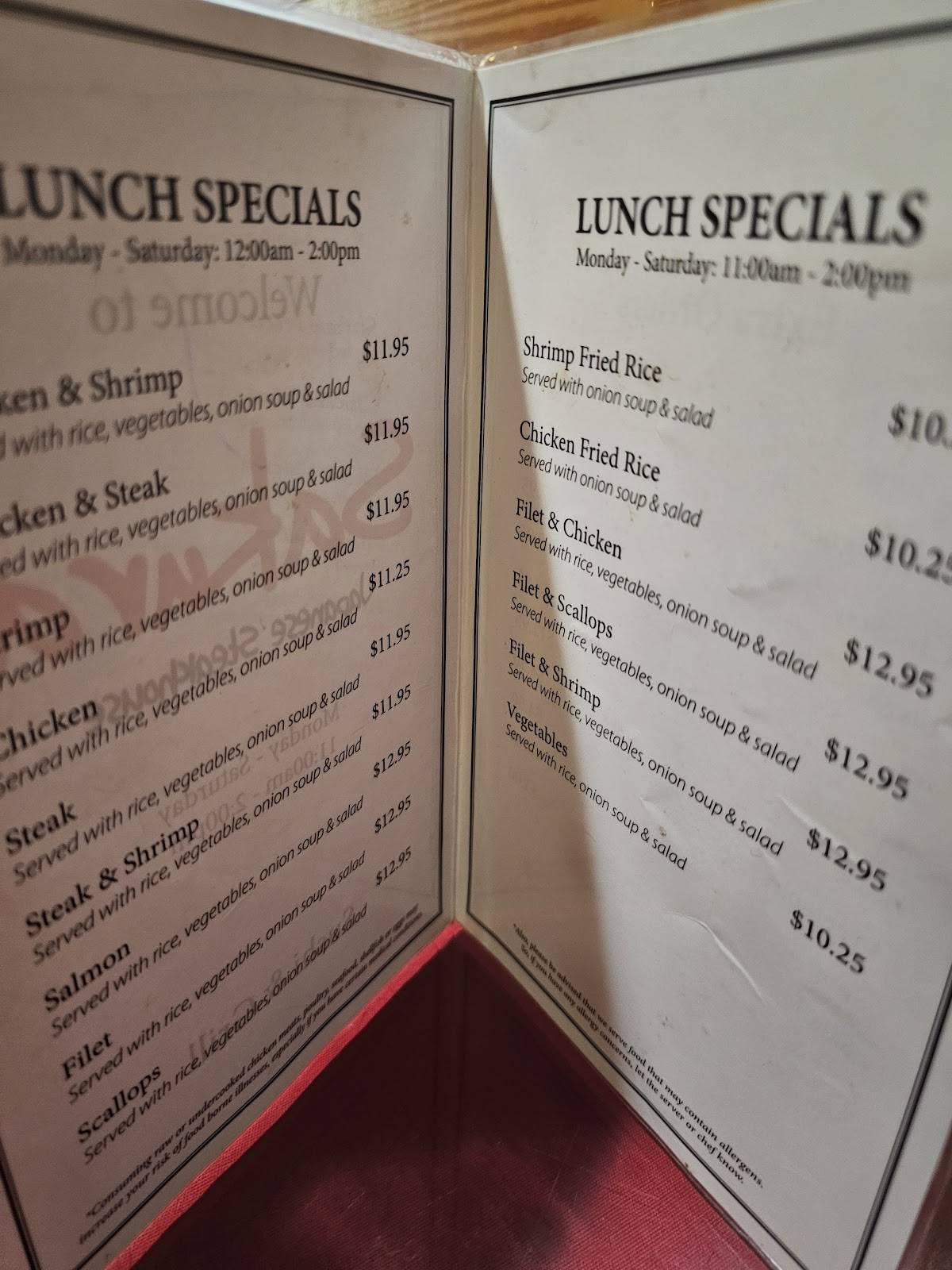 Menu at Sakura Japanese Steak House steakhouse, Aiken