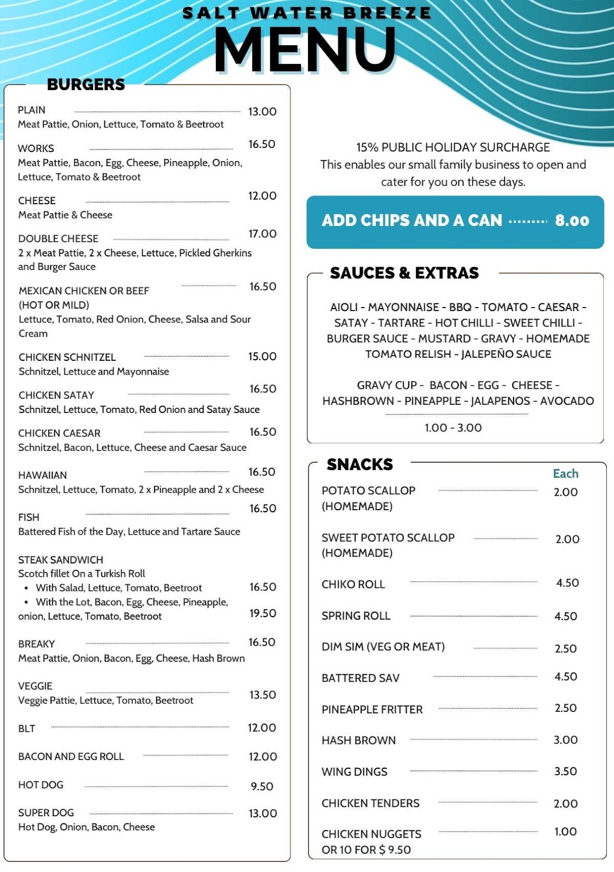 Menu at Salt Water Breeze Cafe & Takeaway, Tuross Head