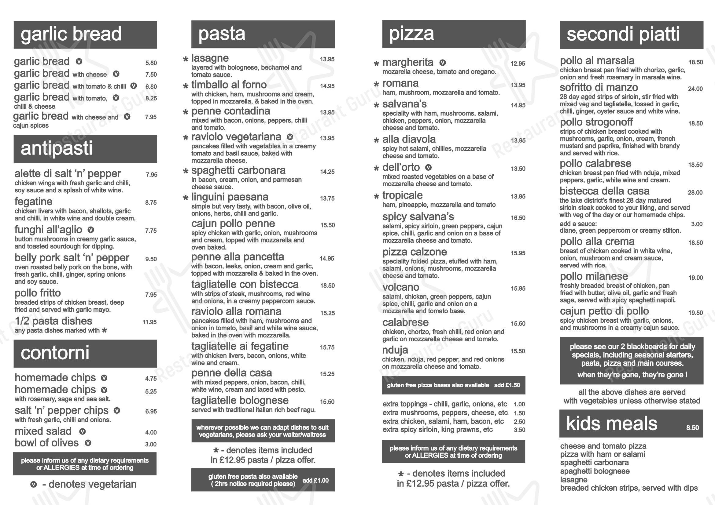 Menu at Salvana's Restaurant, Barrow-in-Furness