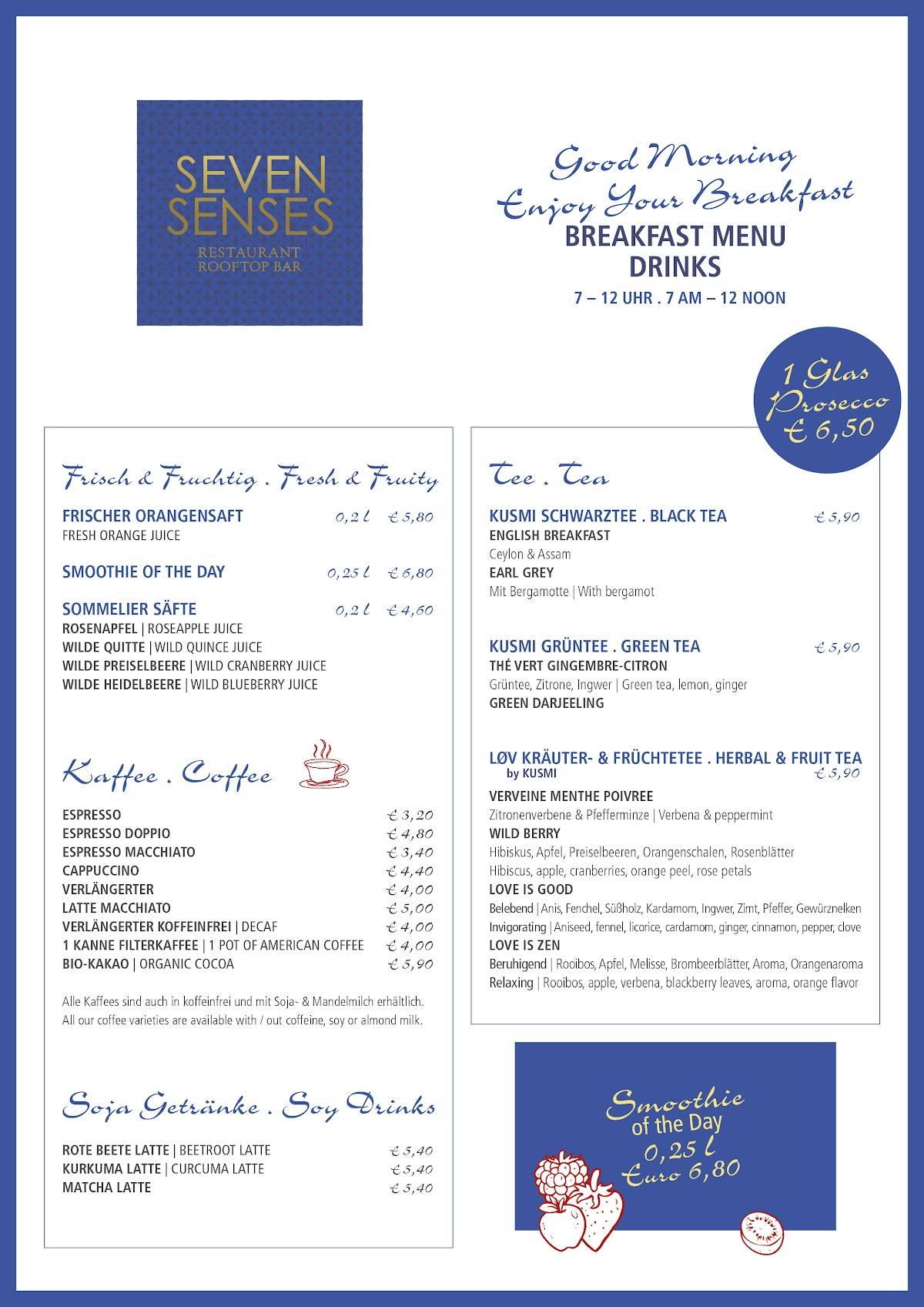 Menu at Seven Senses restaurant, Salzburg