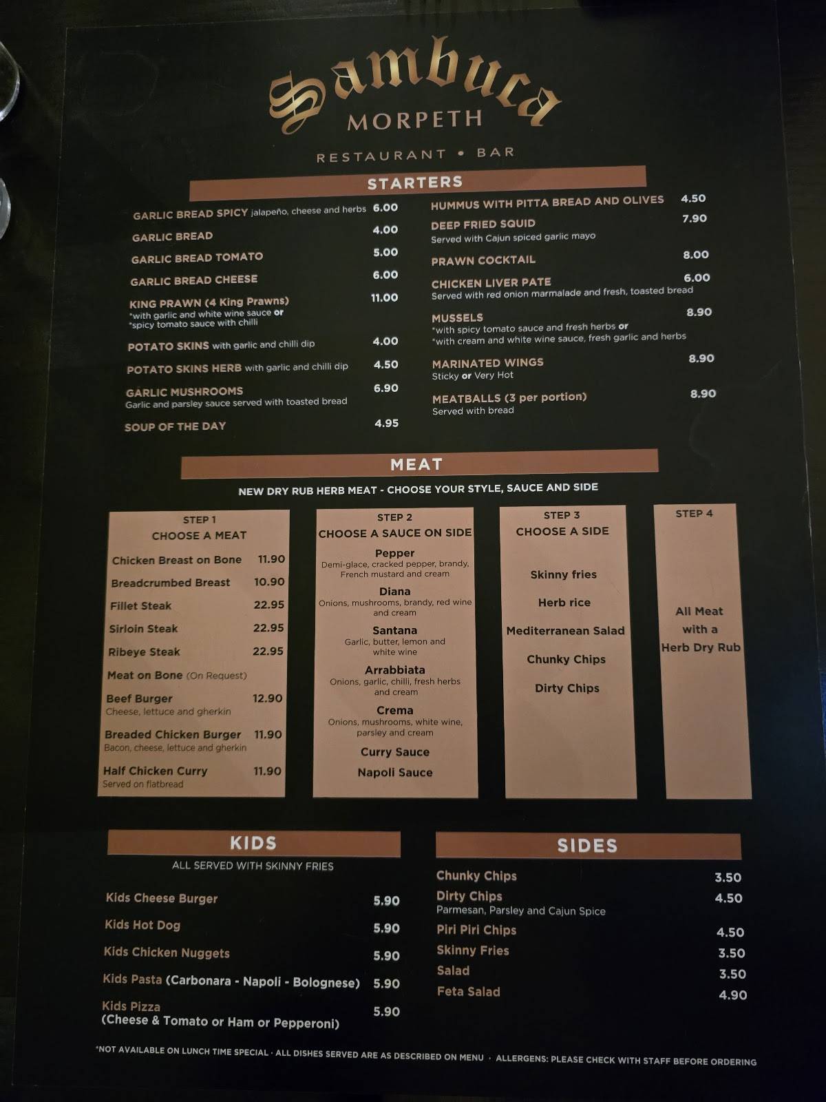 Menu at Sambuca Morpeth restaurant, Morpeth