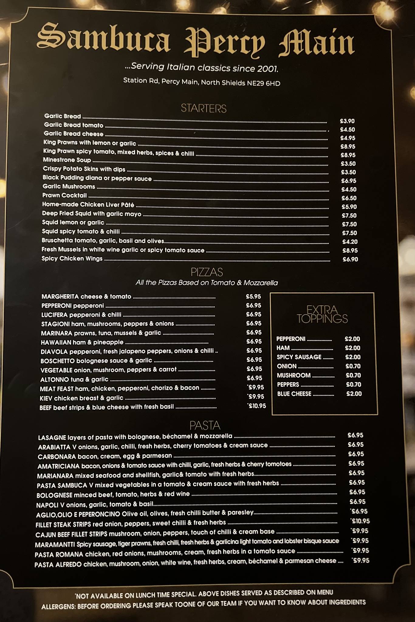 Menu at Sambuca Percy Main restaurant, North Shields