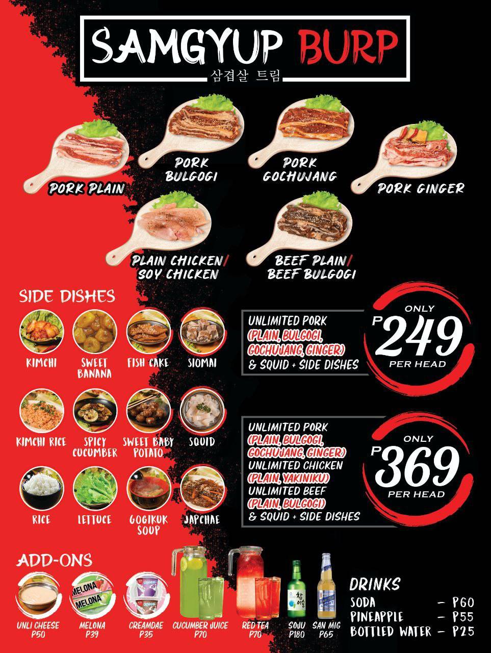 Menu at Samgyup Burp San Jose restaurant, San Jose del Monte City