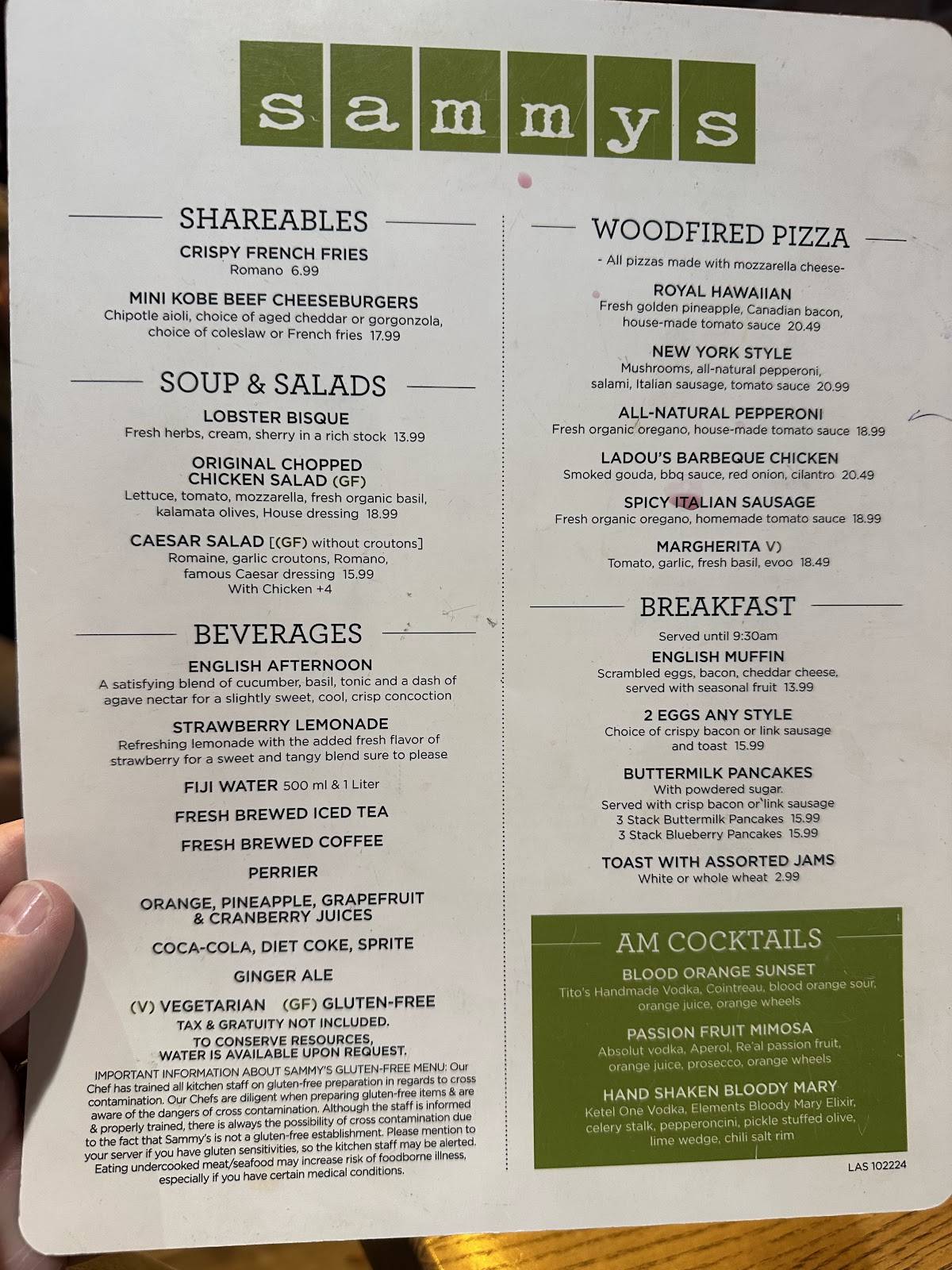 Menu at Sammy's Beach Bar and Grill, Las Vegas