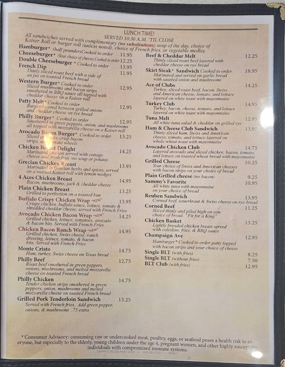 Menu at Sammy's Pancake House restaurant, Champaign