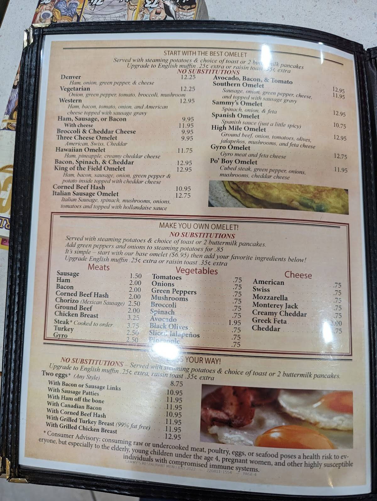 Menu at Sammy's Pancake House restaurant, Champaign