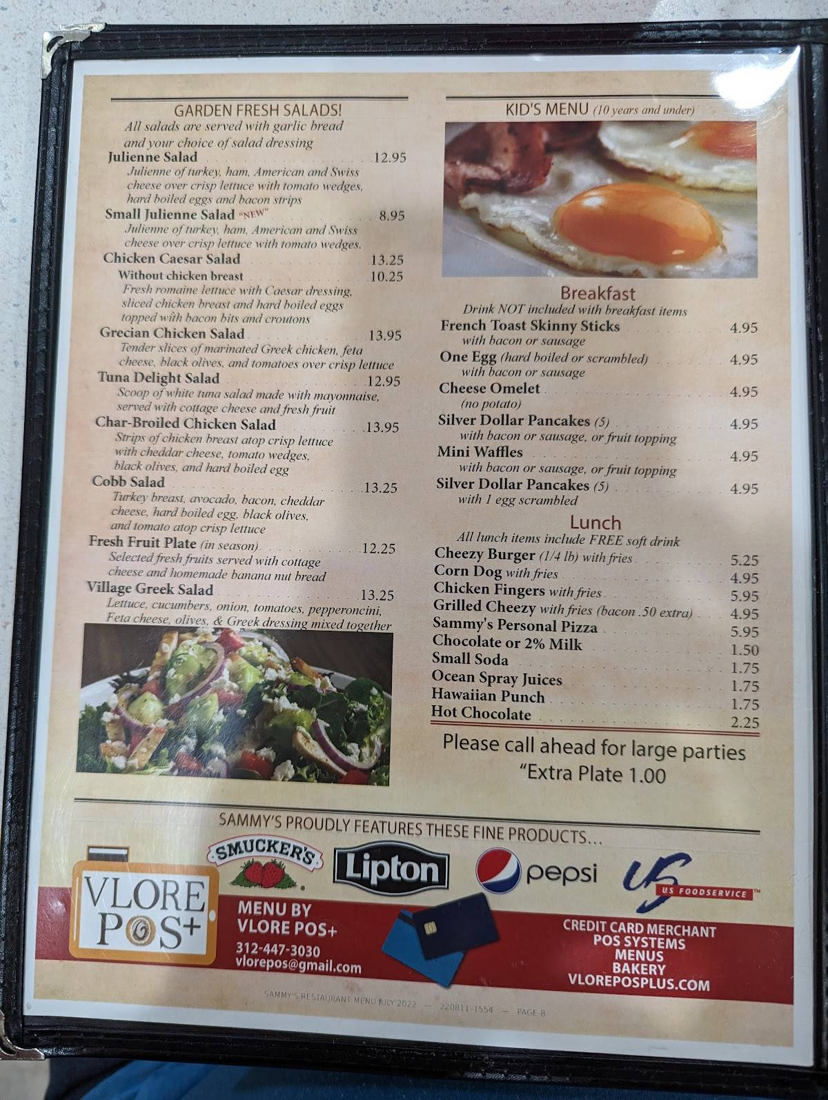 Menu at Sammy's Pancake House restaurant, Champaign