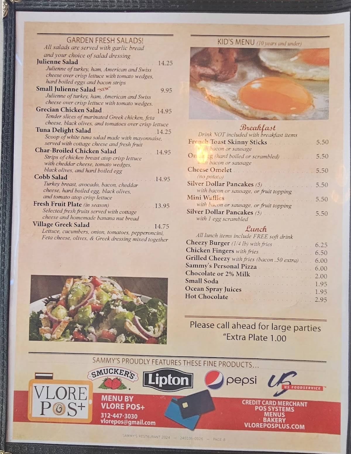 Menu at Sammy's Pancake House restaurant, Champaign