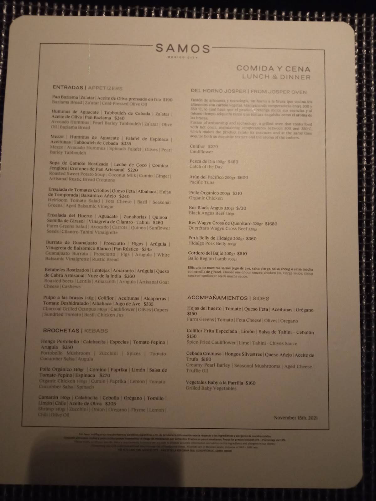Carta del restaurante SAMOS - The Ritz Carlton México City, Ciudad del ...