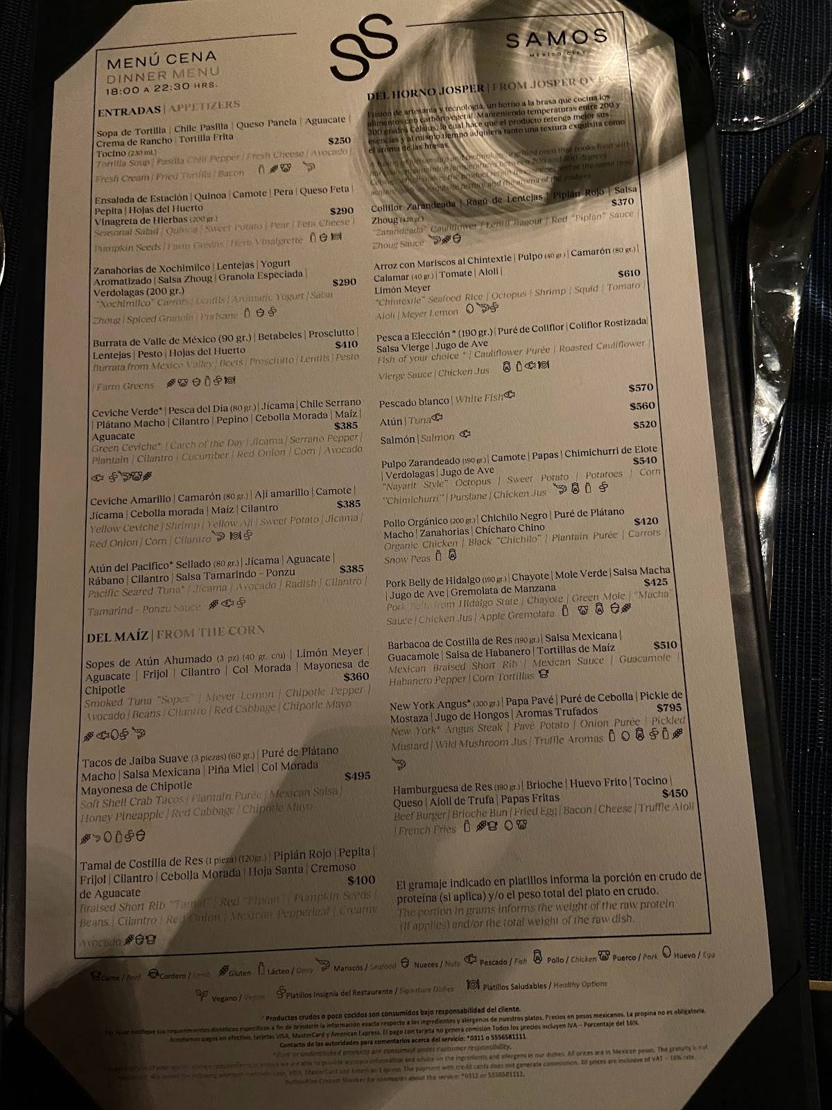 Carta del restaurante SAMOS - The Ritz Carlton México City, Ciudad del ...
