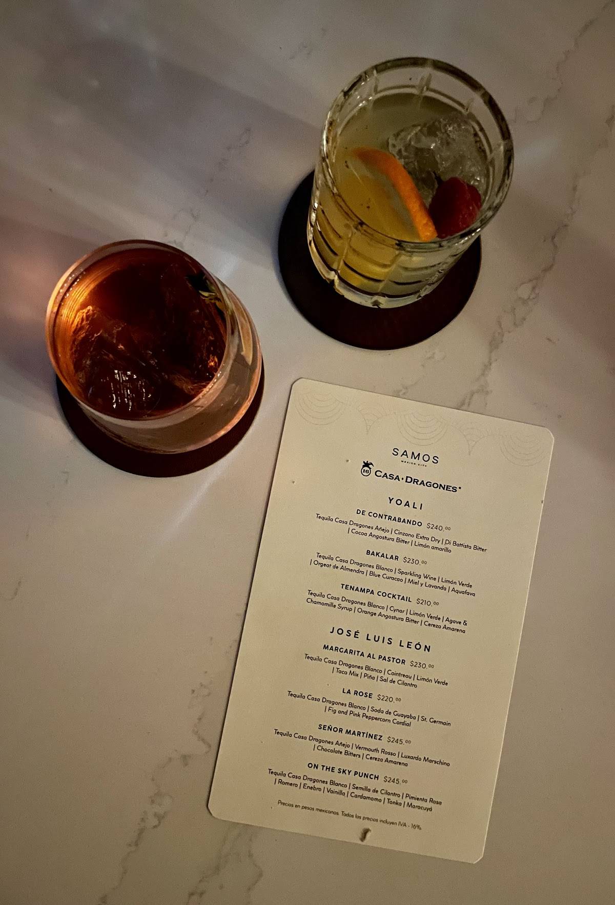 Menu at Samos restaurant, Mexico City
