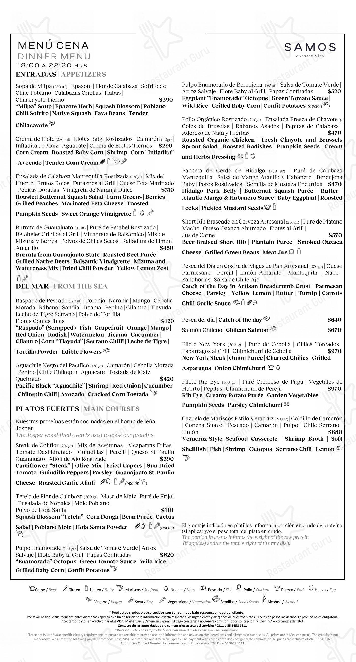 Carta del restaurante SAMOS - The Ritz Carlton México City, Ciudad del ...