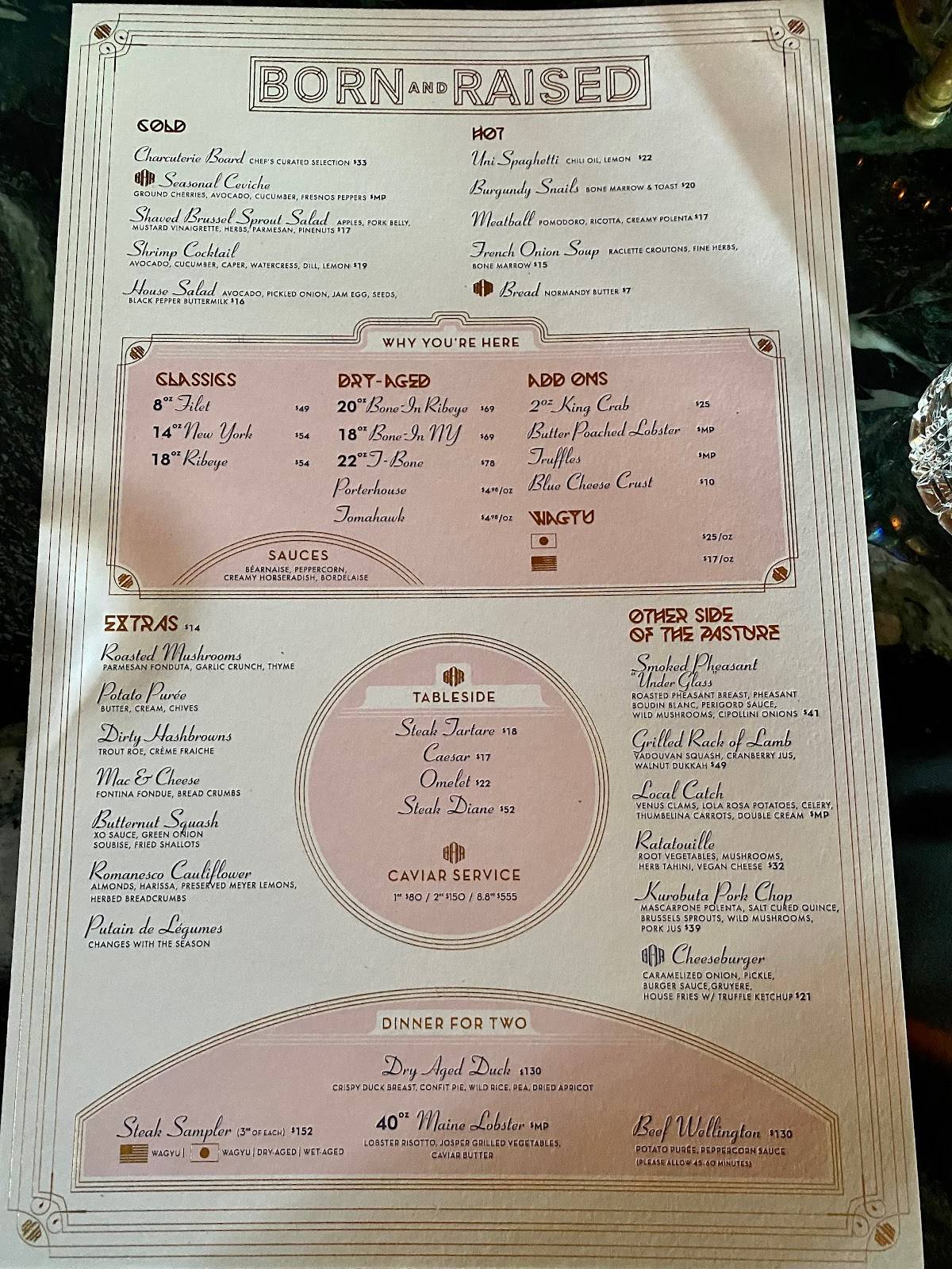 Menu at Born and Raised steakhouse, San Diego, India St