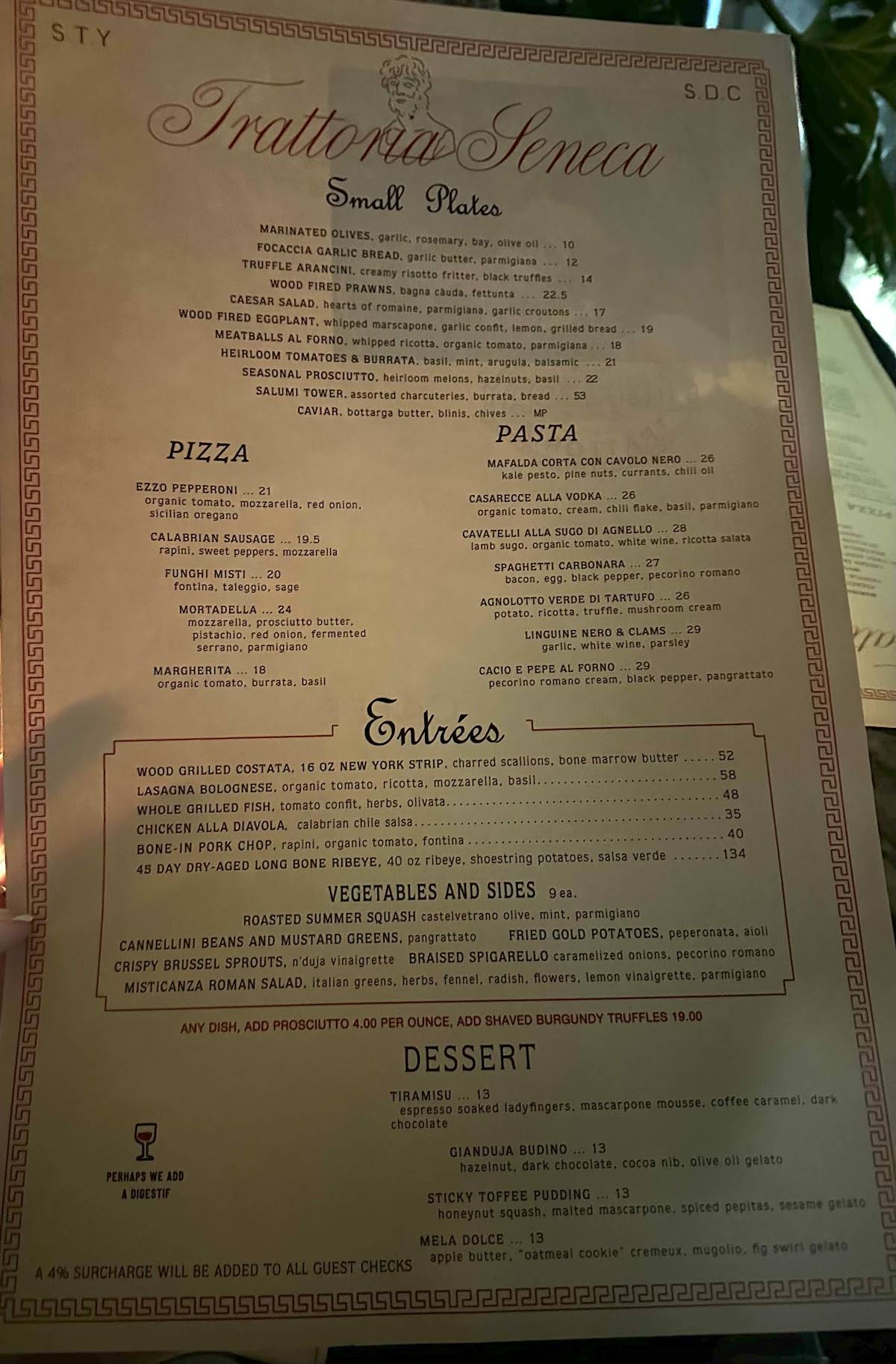 Menu at Seneca Trattoria restaurant, San Diego