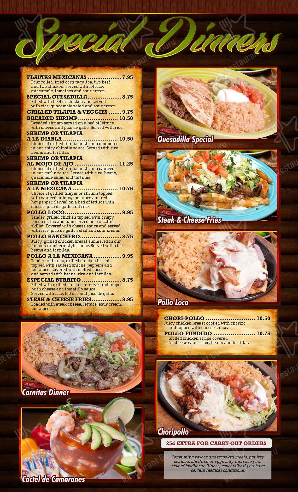 Menu at San Joe's Mexican Grill restaurant, Dawson