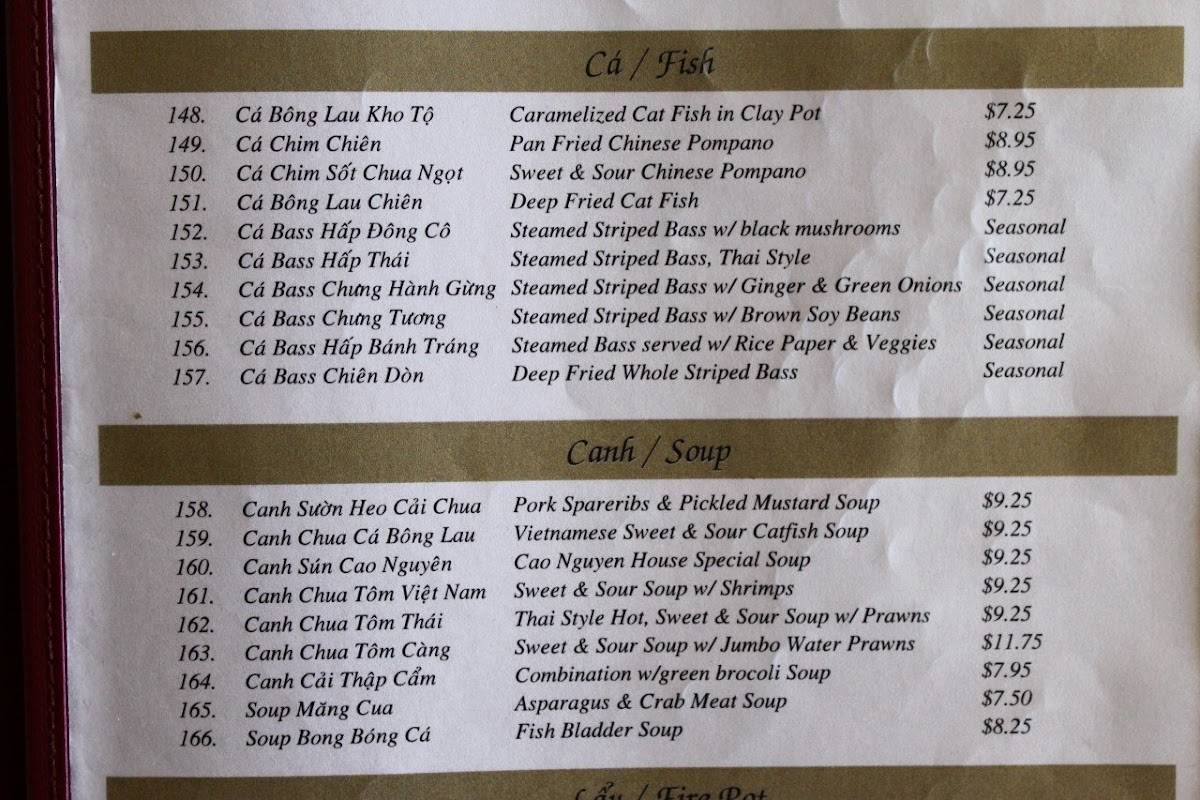 Menu at Cao Nguyên Restaurant, San Jose