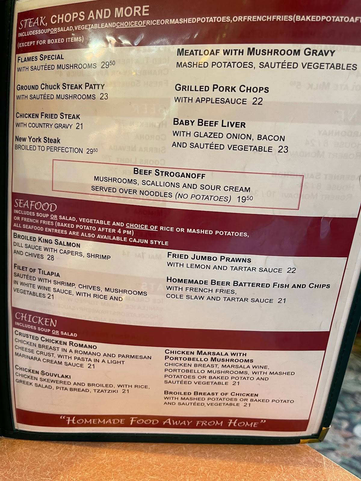Menu at Flames Coffee Shop restaurant, San Jose, Santa Teresa Blvd