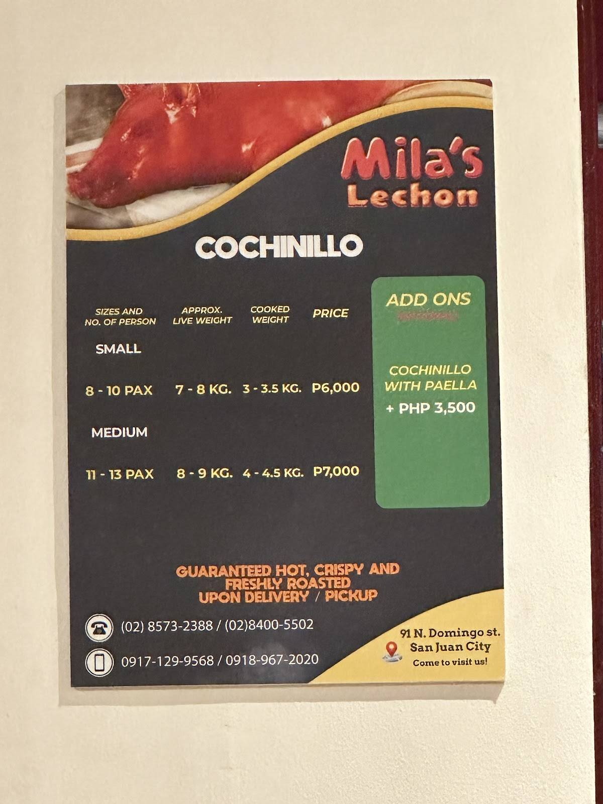 Menu at Mila's Lechon restaurant, San Juan