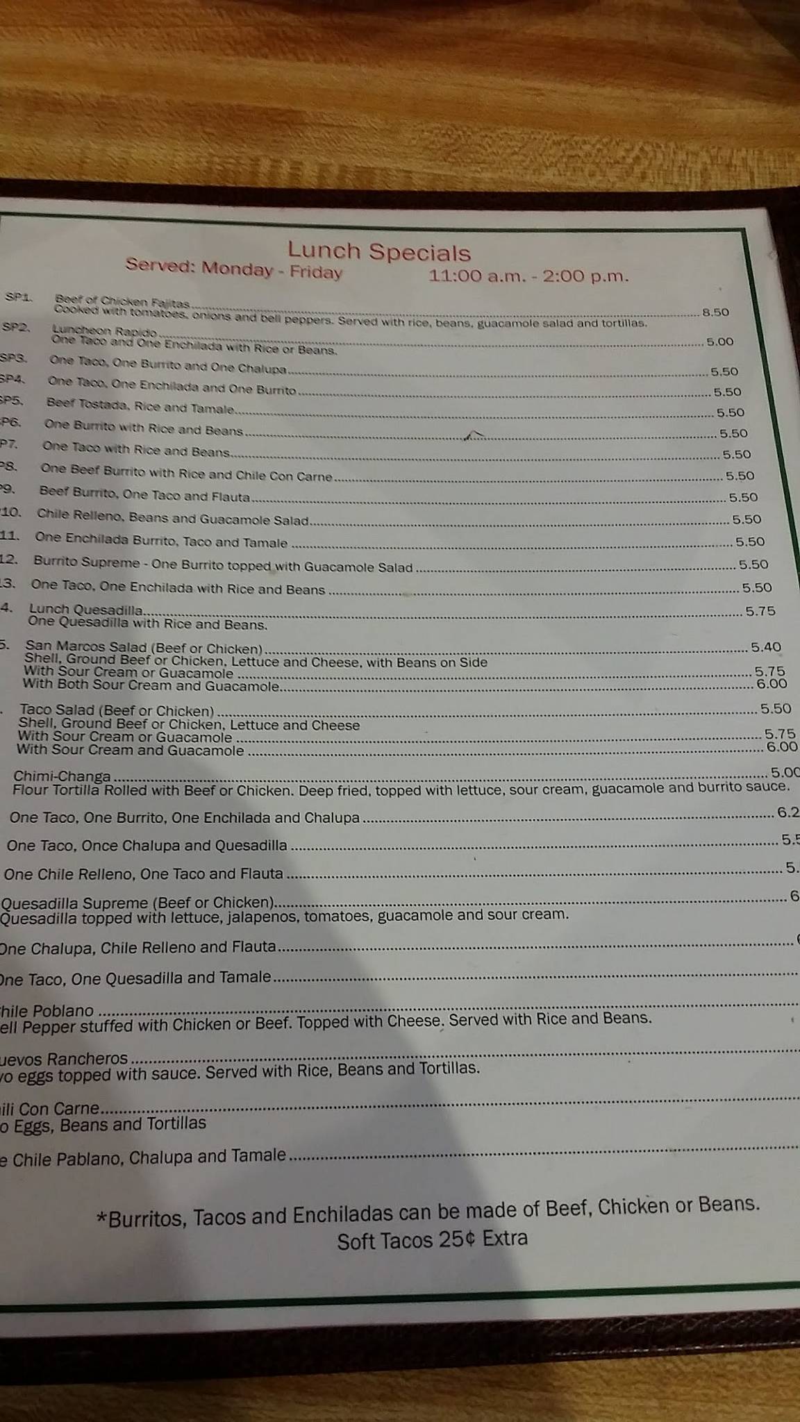 Menu at San Marcos Mexican Restaurant, Valley