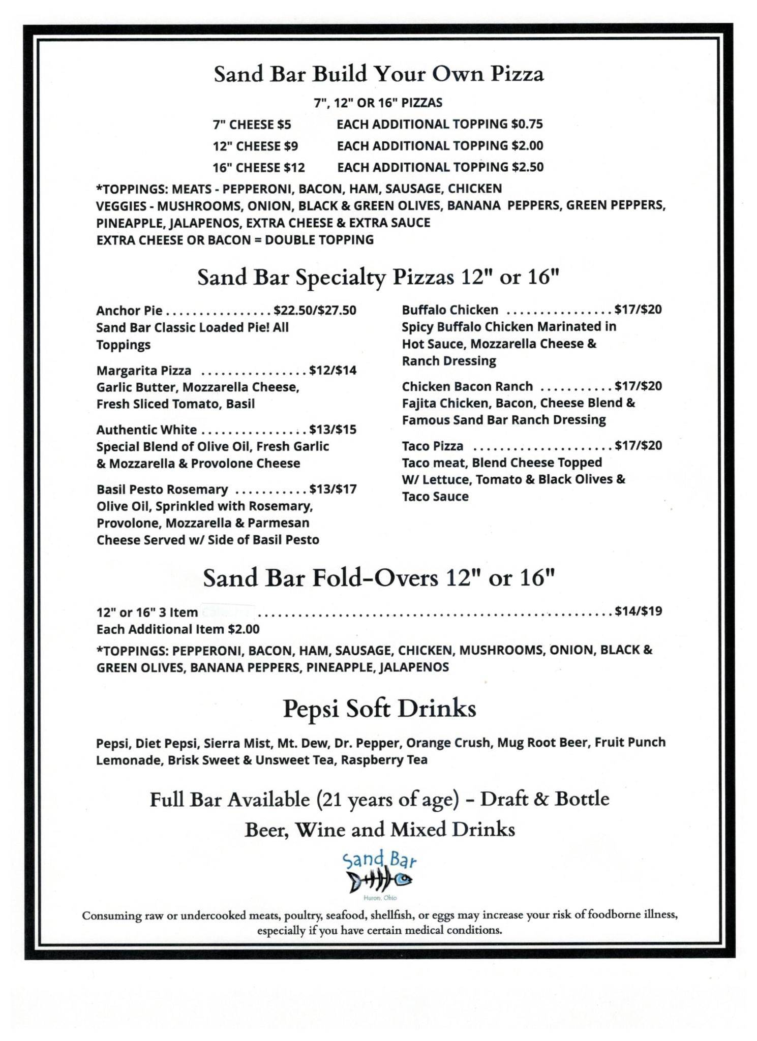 Menu at Sand Bar, Huron