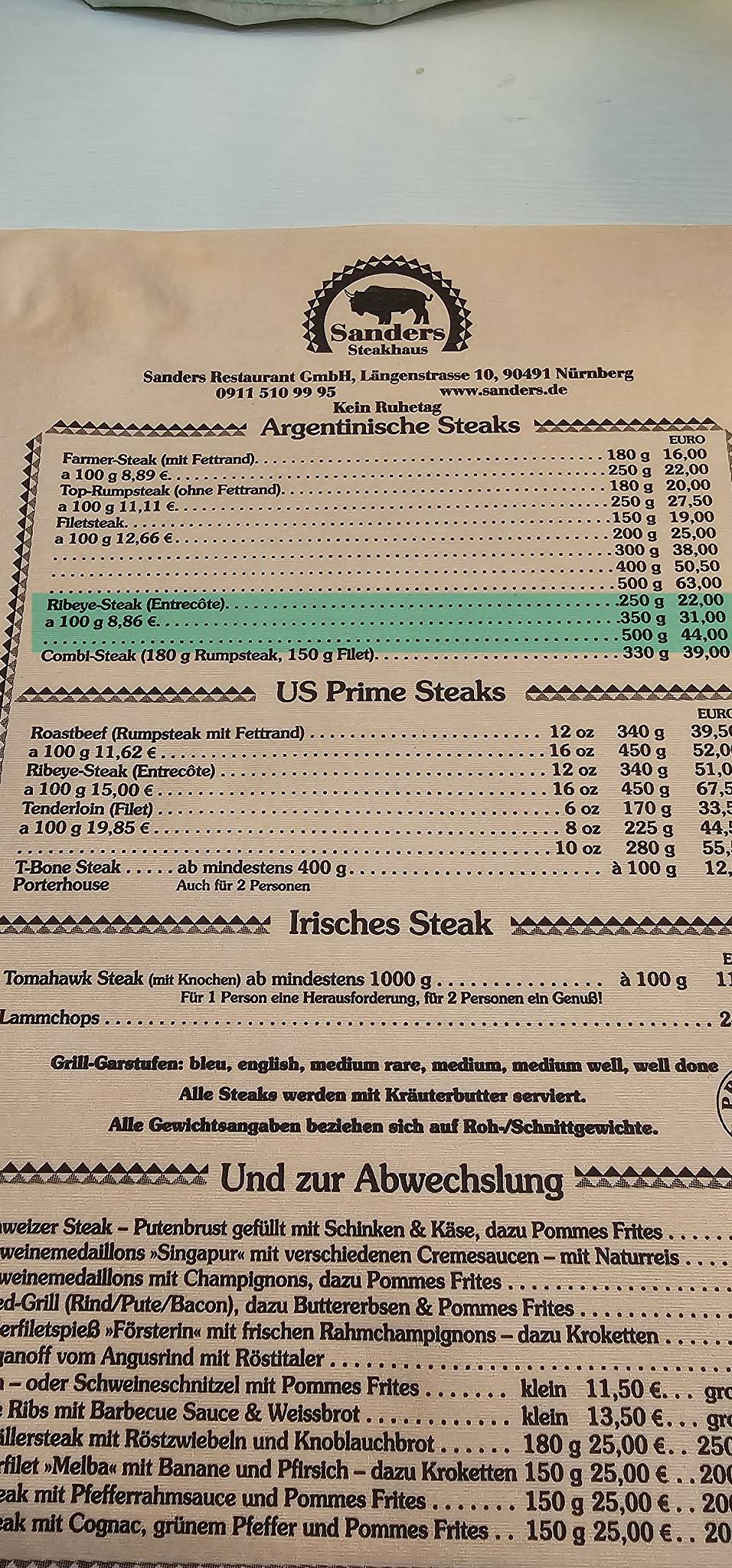 Carta de Sanders Steakhouse, Nuremberg, Längenstraße 10