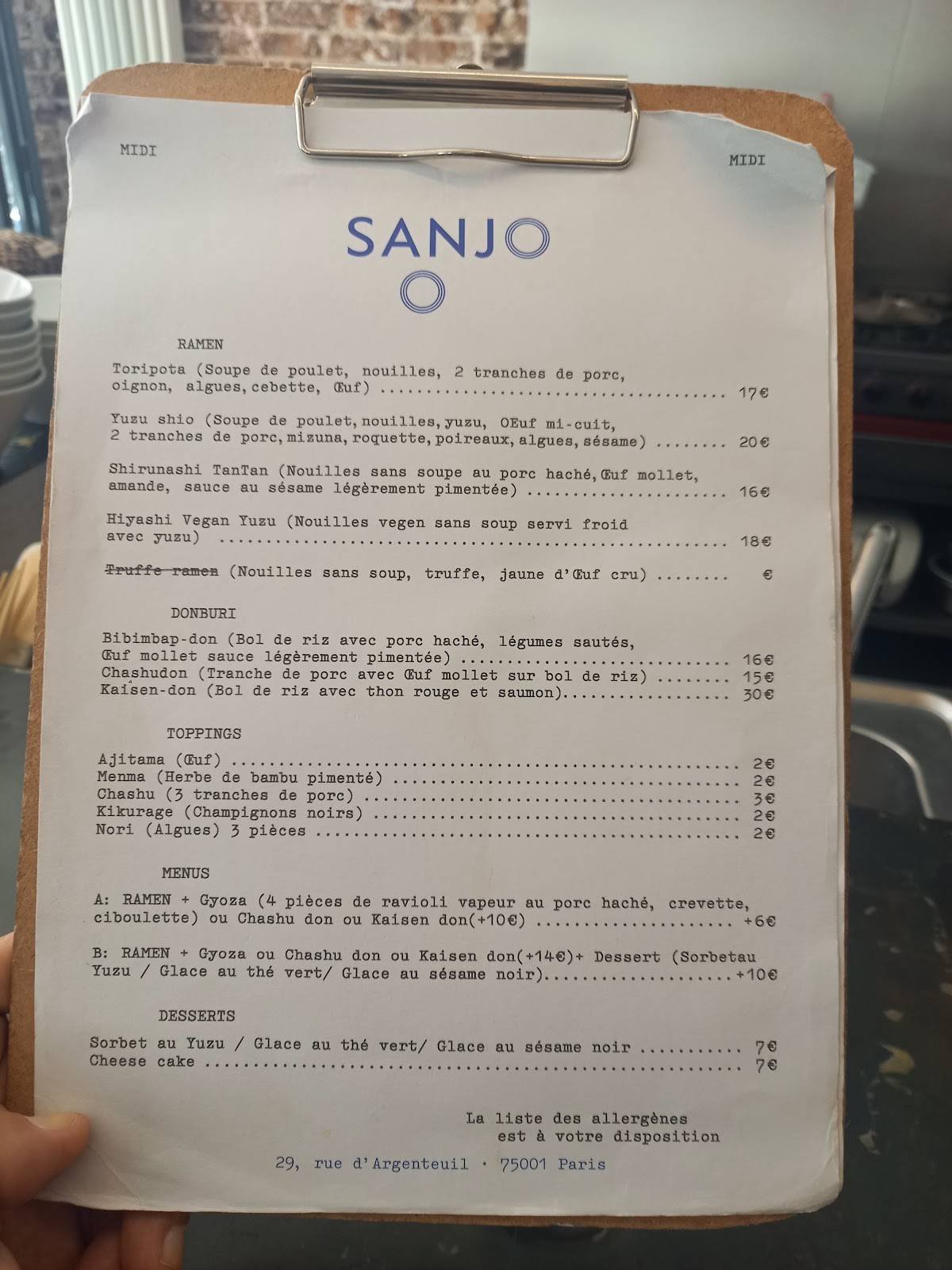Menu at Sanjo restaurant, Paris, 29 Rue d'Argenteuil