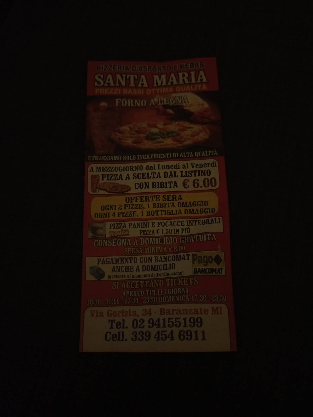 Menu da Pizzeria Santa Maria, Baranzate