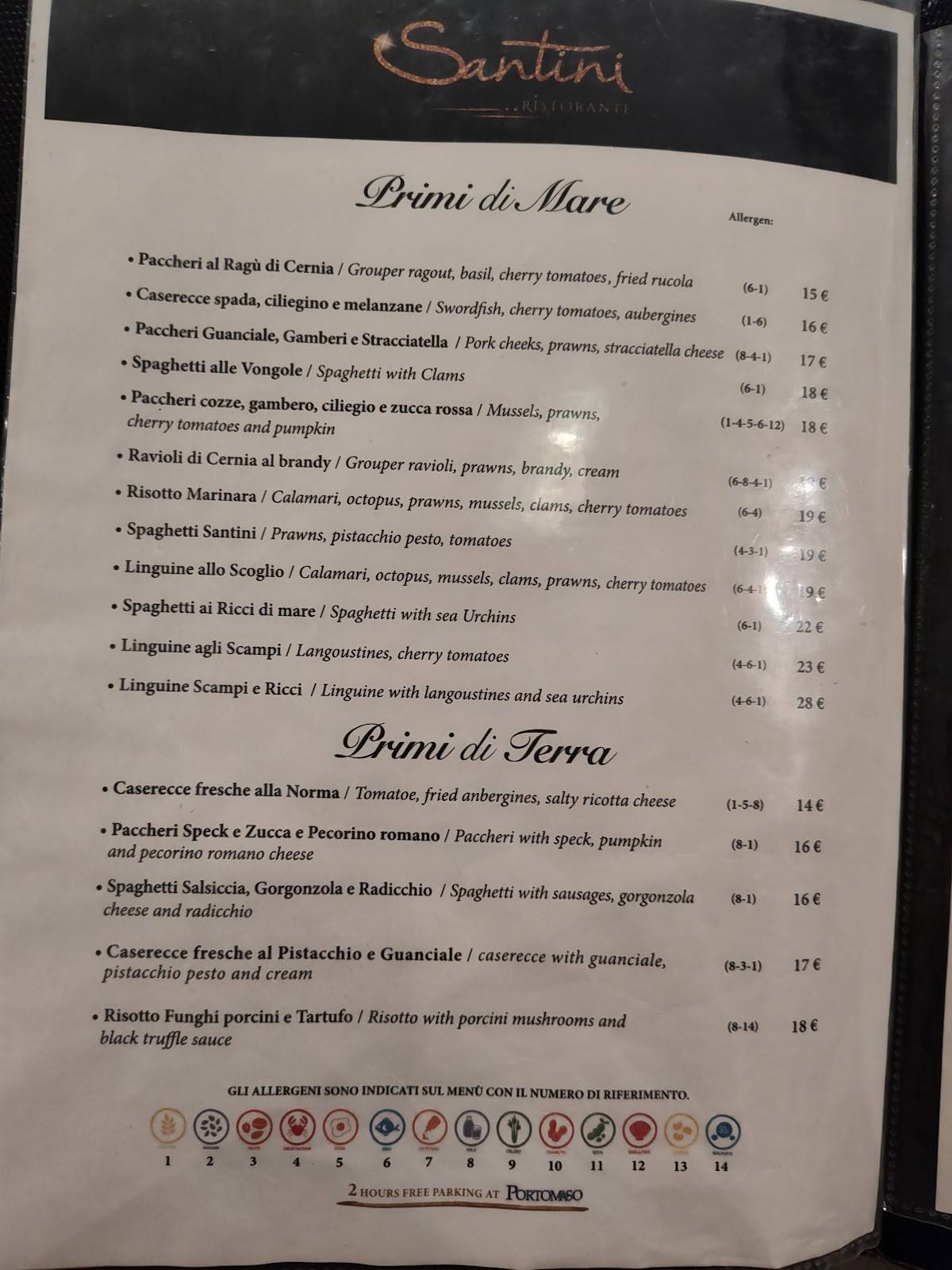 Menu at Santini Restaurant, Saint Julian's