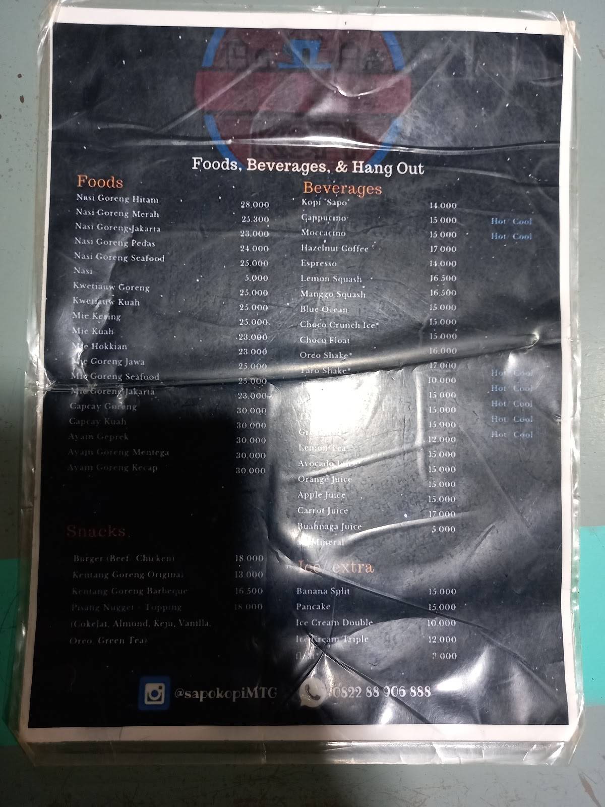 Menu at Sapo Kopi cafe, Indonesia