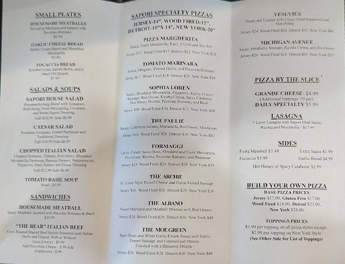 Menu at Sapori Pizzeria & Italian Market, Springfield