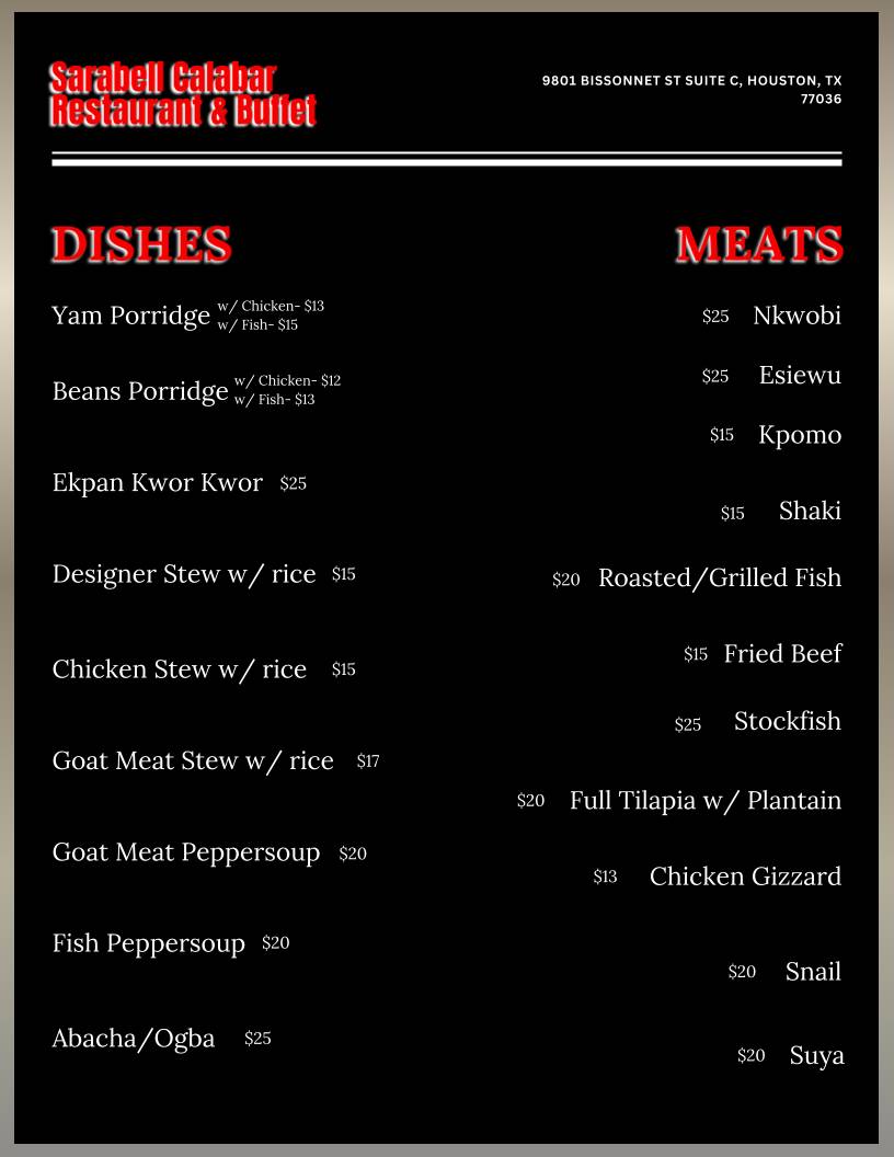 Menu at Sarabell Calabar Restaurant & Buffet, Houston