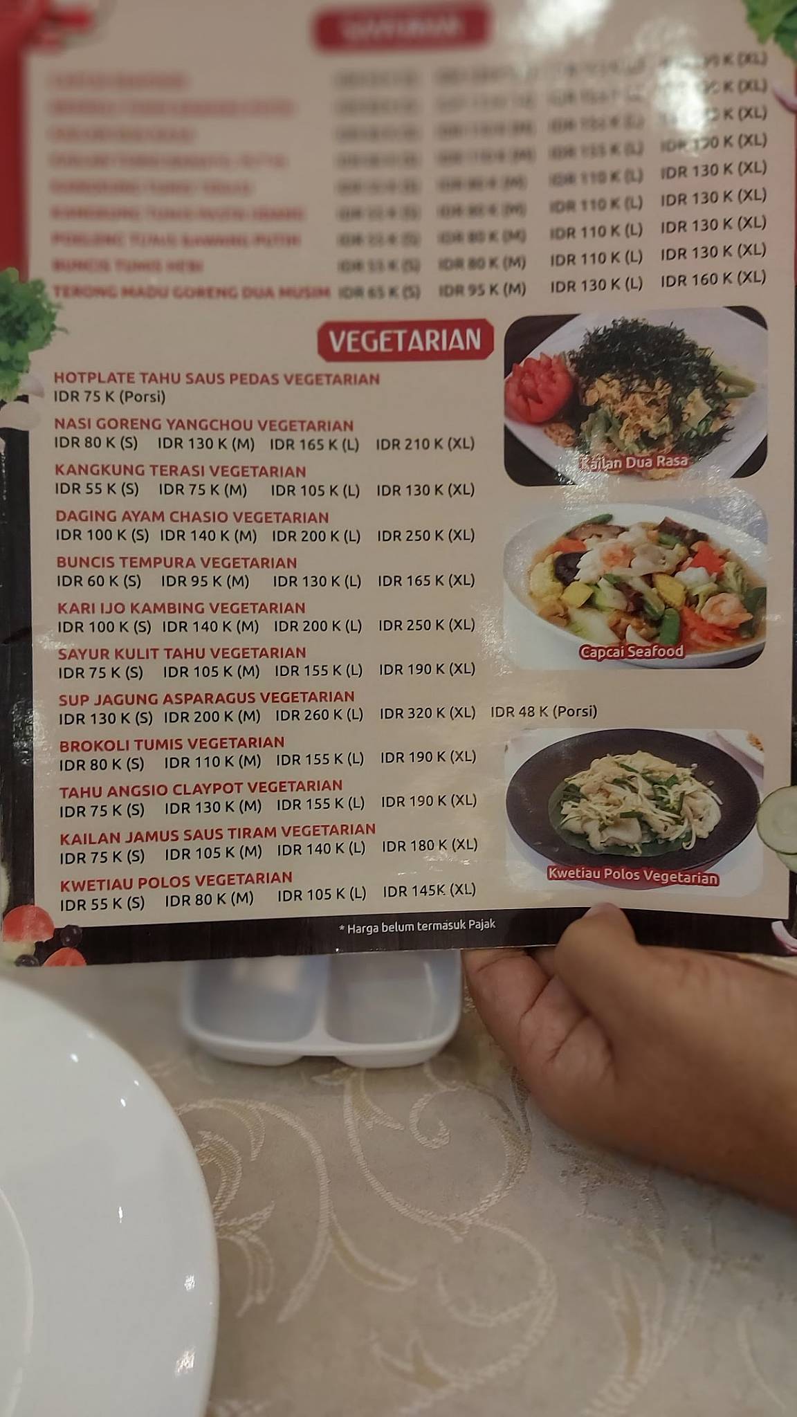 Menu at Sari Laut Nelayan restaurant, Medan, Jl. Putri Merak Jingga C-D ...