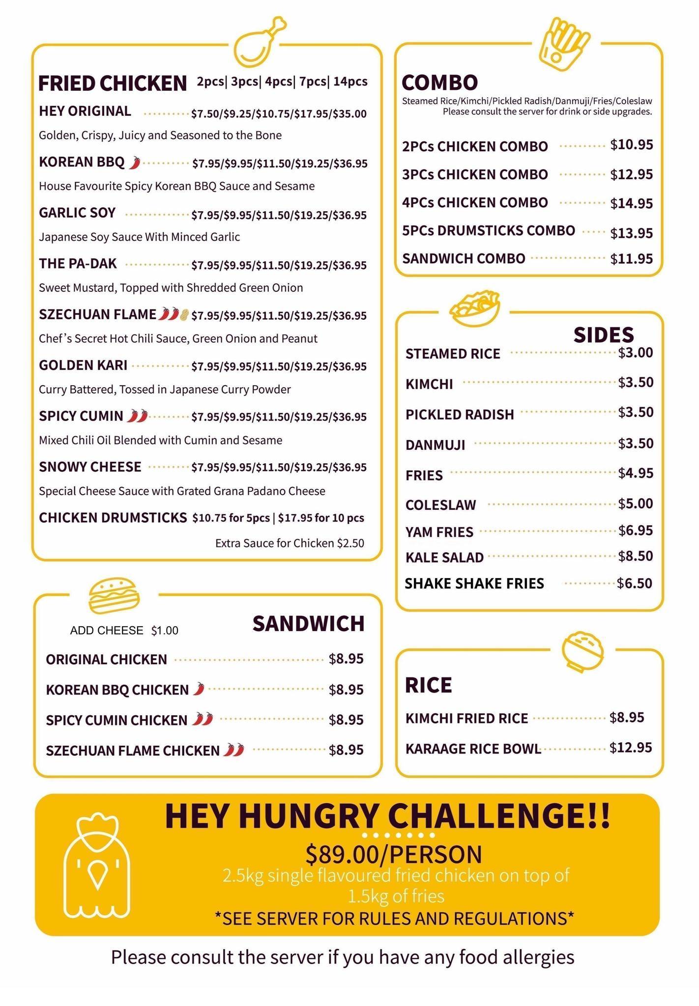 Menu at Hey Fried Chicken restaurant, Saskatoon