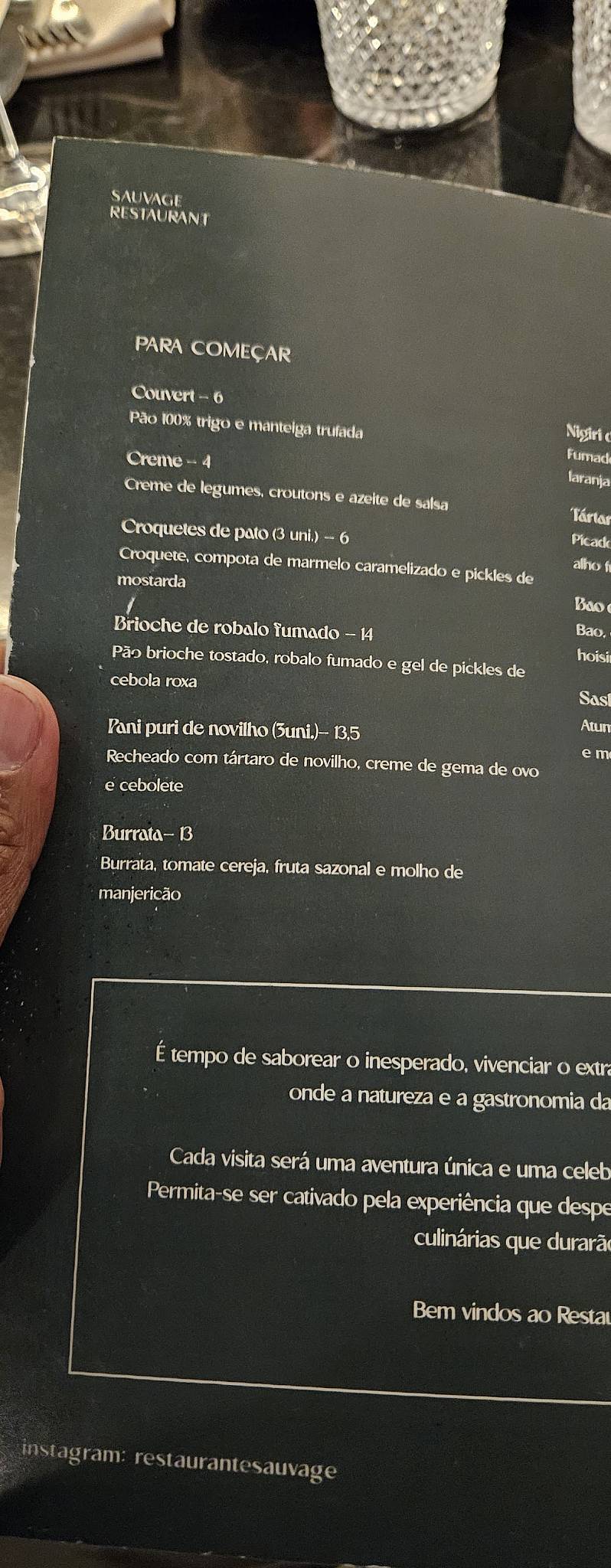 Menu at Sauvage restaurant, Lisbon