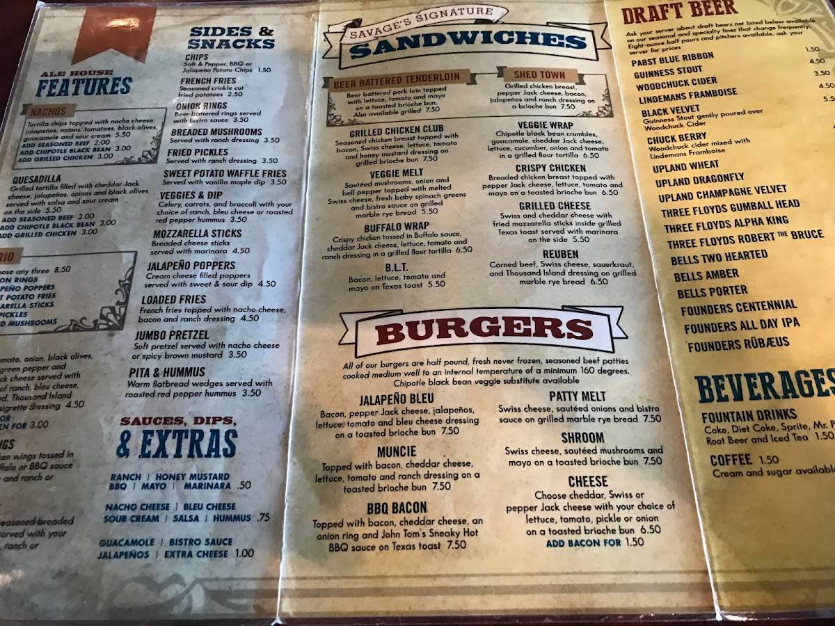 Menu at Savage's Ale House pub & bar, Muncie
