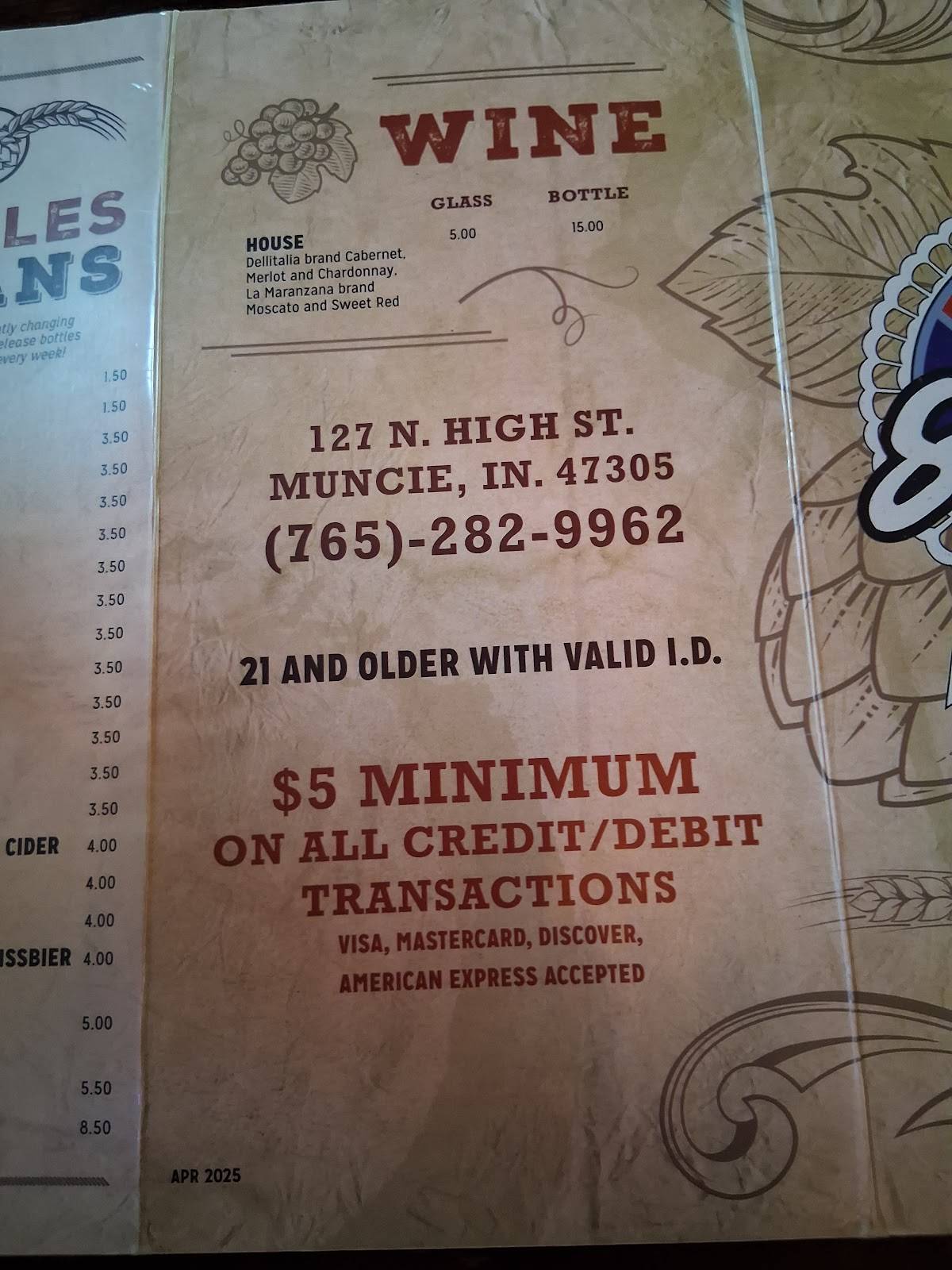 Menu at Savage's Ale House pub & bar, Muncie